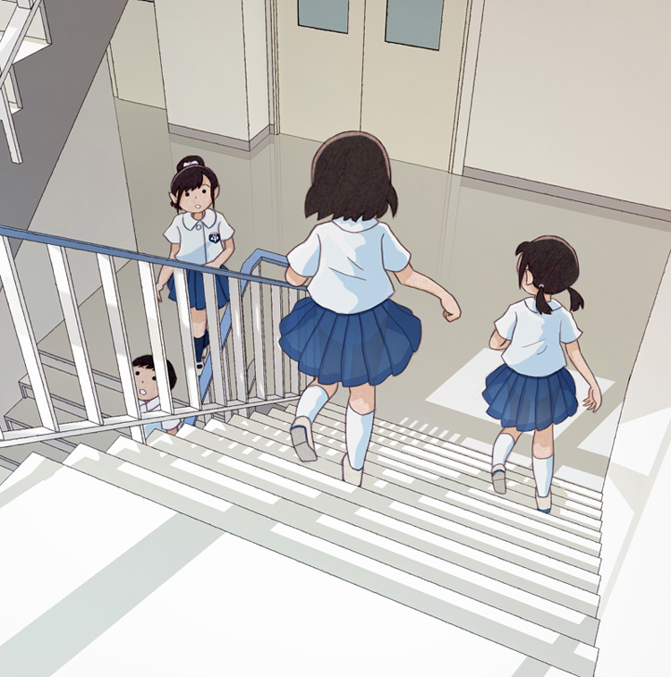 The Big ImageBoard (TBIB) - 1boy 3girls blue skirt brown eyes brown ...