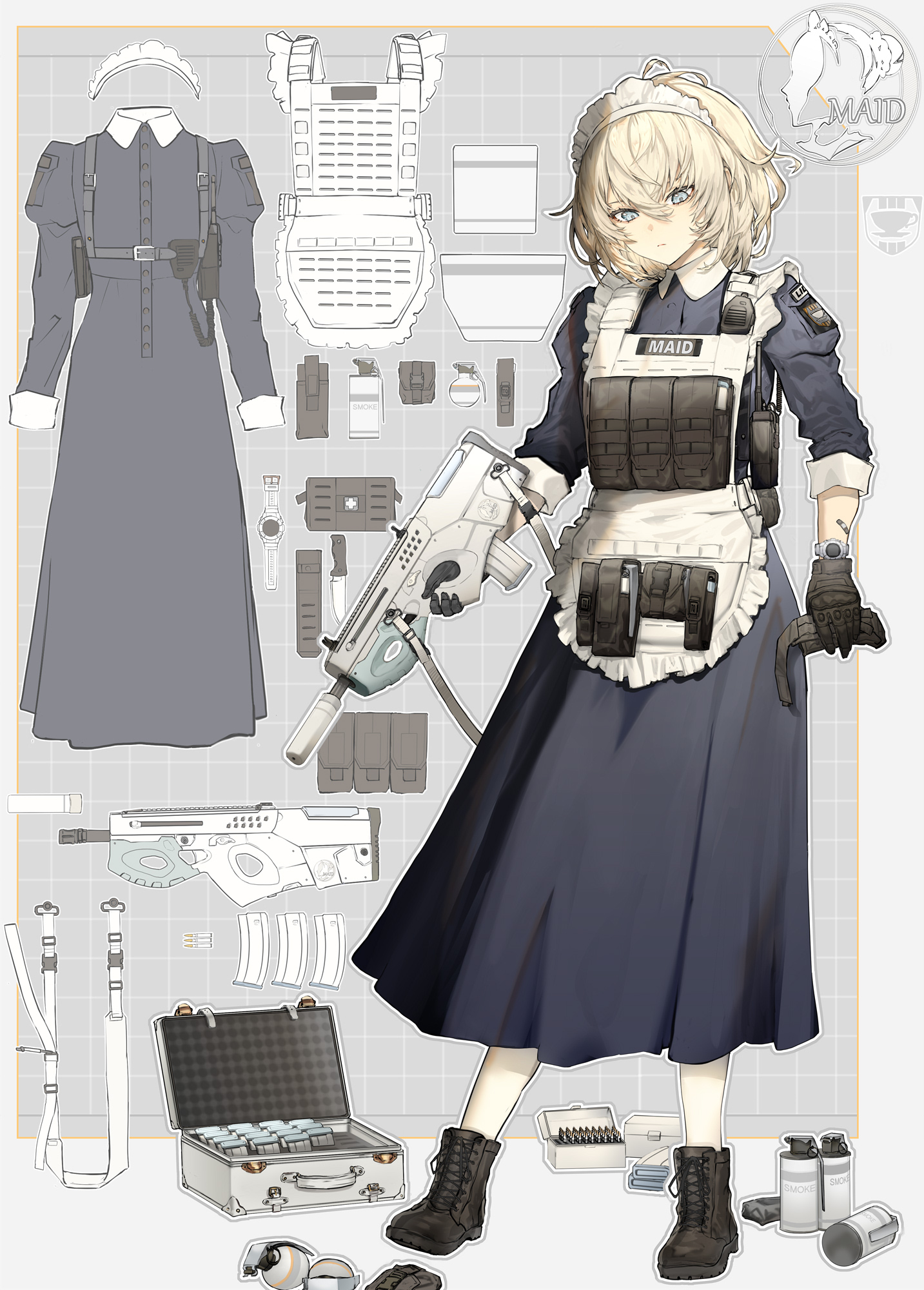 The Big ImageBoard (TBIB) - 1girl apron assault rifle black gloves bullet bulletproof vest ...