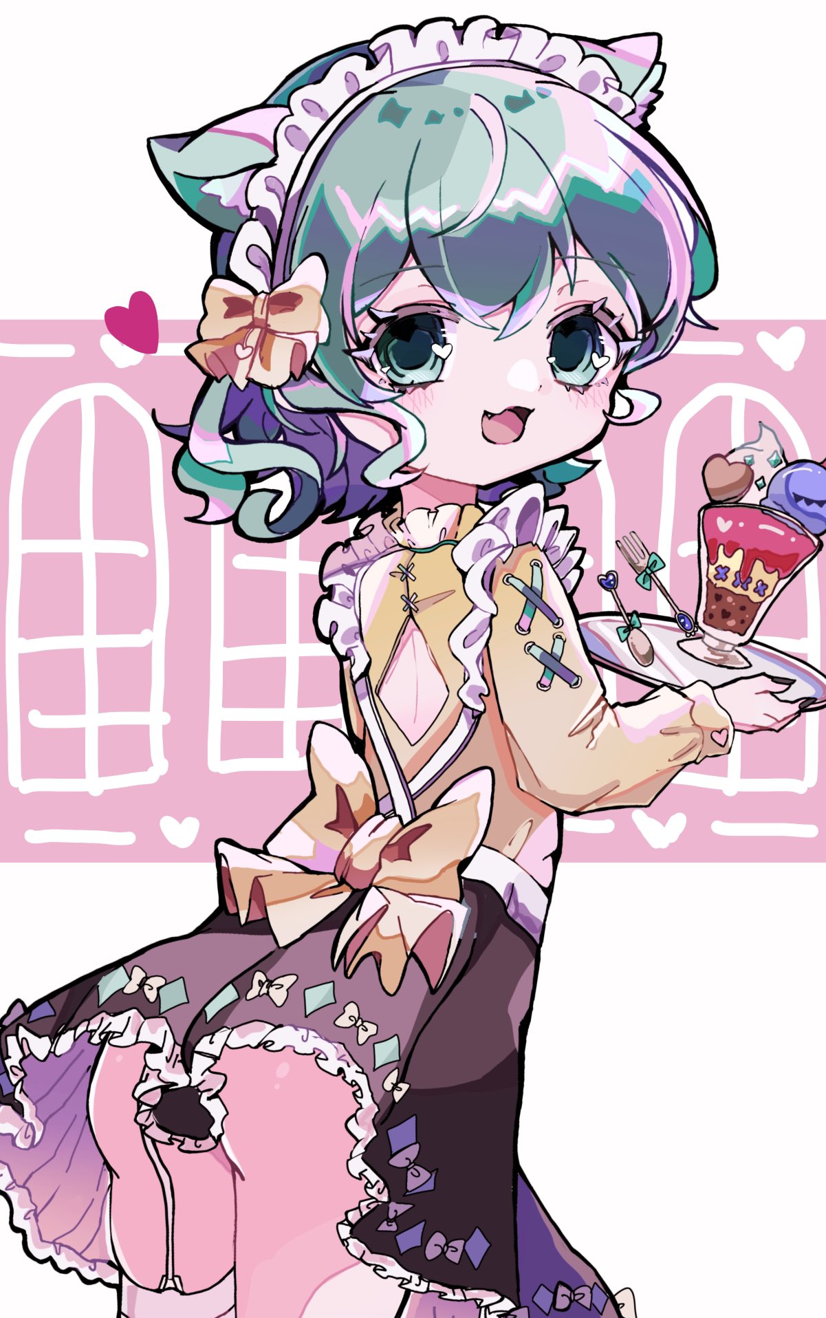 The Big ImageBoard (TBIB) - 1girl animal ears apron black apron cat ears food frills green eyes ...