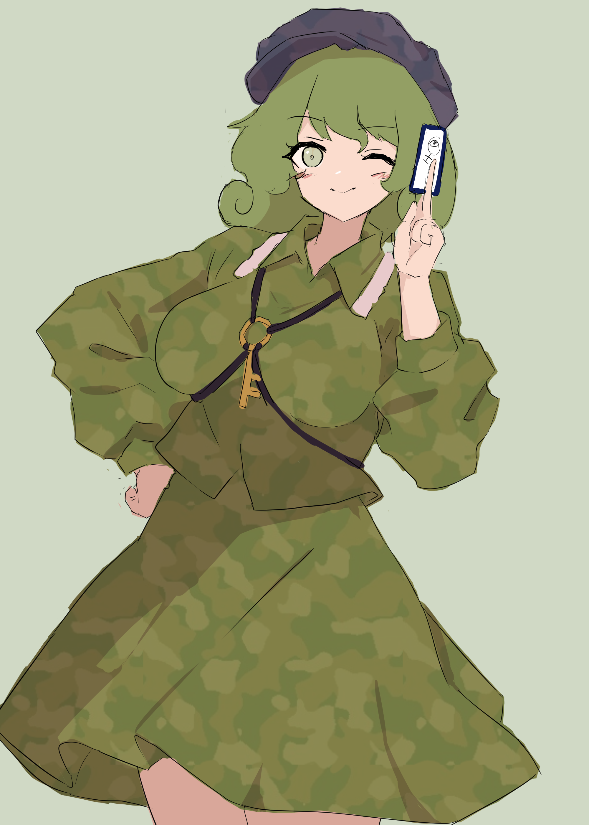 The Big ImageBoard (TBIB) - 1girl ;) absurdres between fingers blush breasts camouflage ...