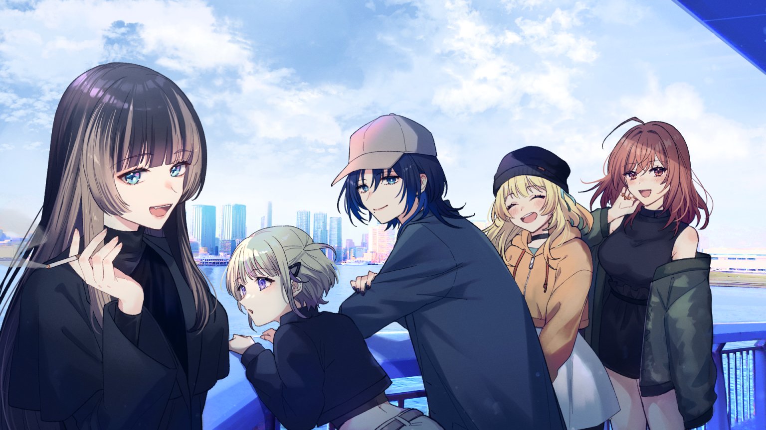 The Big ImageBoard (TBIB) - 5girls against railing ahoge baseball cap beanie black hair blonde ...