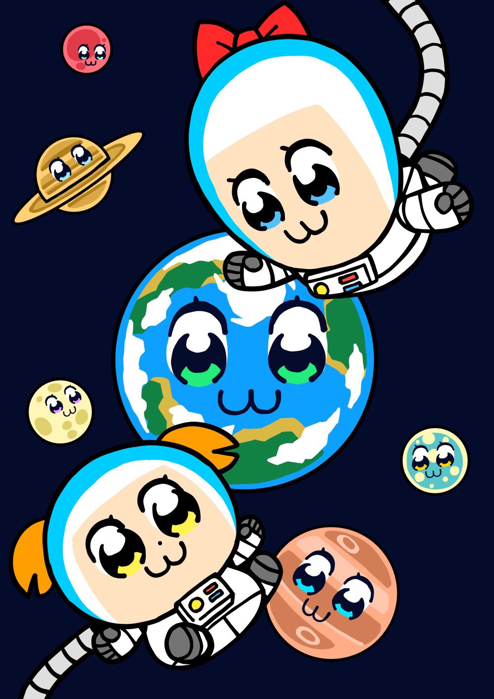 The Big ImageBoard (TBIB) - 2girls :3 astronaut bkub blue background blue eyes bow chibi chibi ...