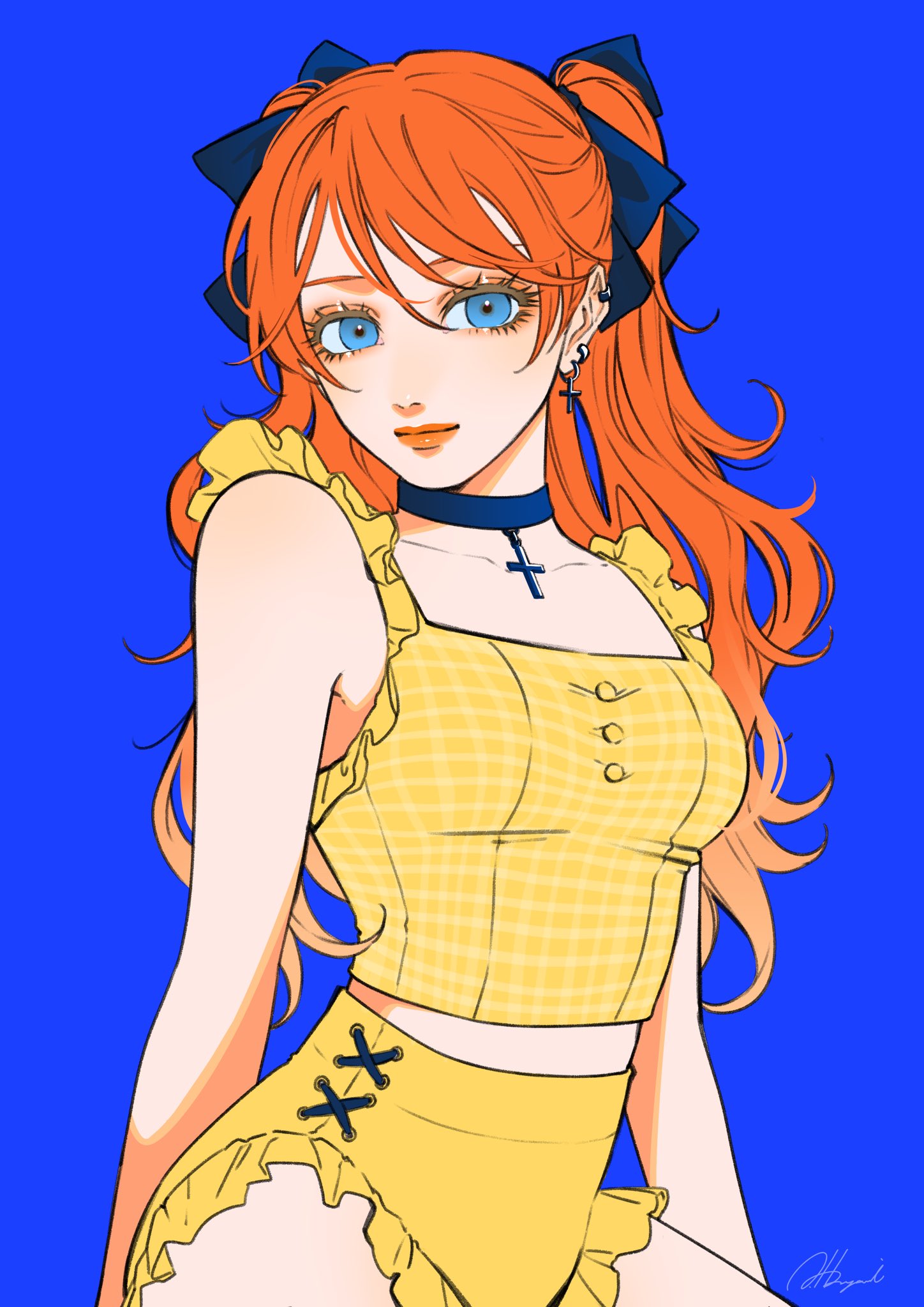 The Big ImageBoard (TBIB) - 1girl blue background blue choker blue eyes blue ribbon choker ...