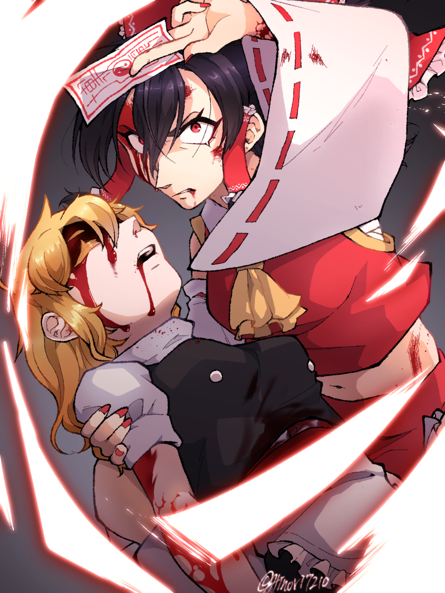 The Big ImageBoard (TBIB) - 2girls angry apron ascot bare shoulders between fingers black hair ...