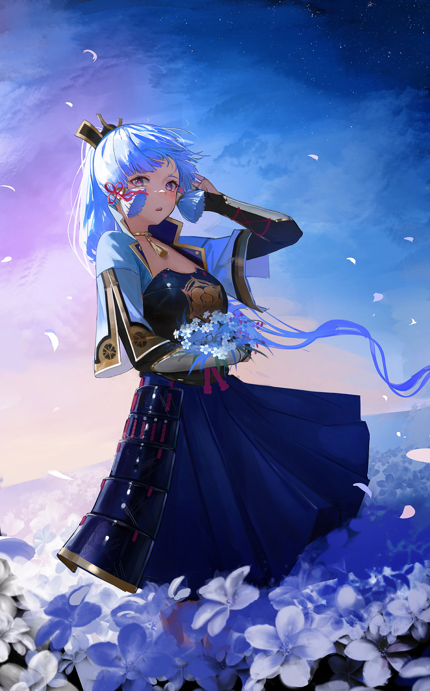 The Big ImageBoard (TBIB) - 1girl arm guards armor blue flower blue hair blue skirt blunt bangs ...