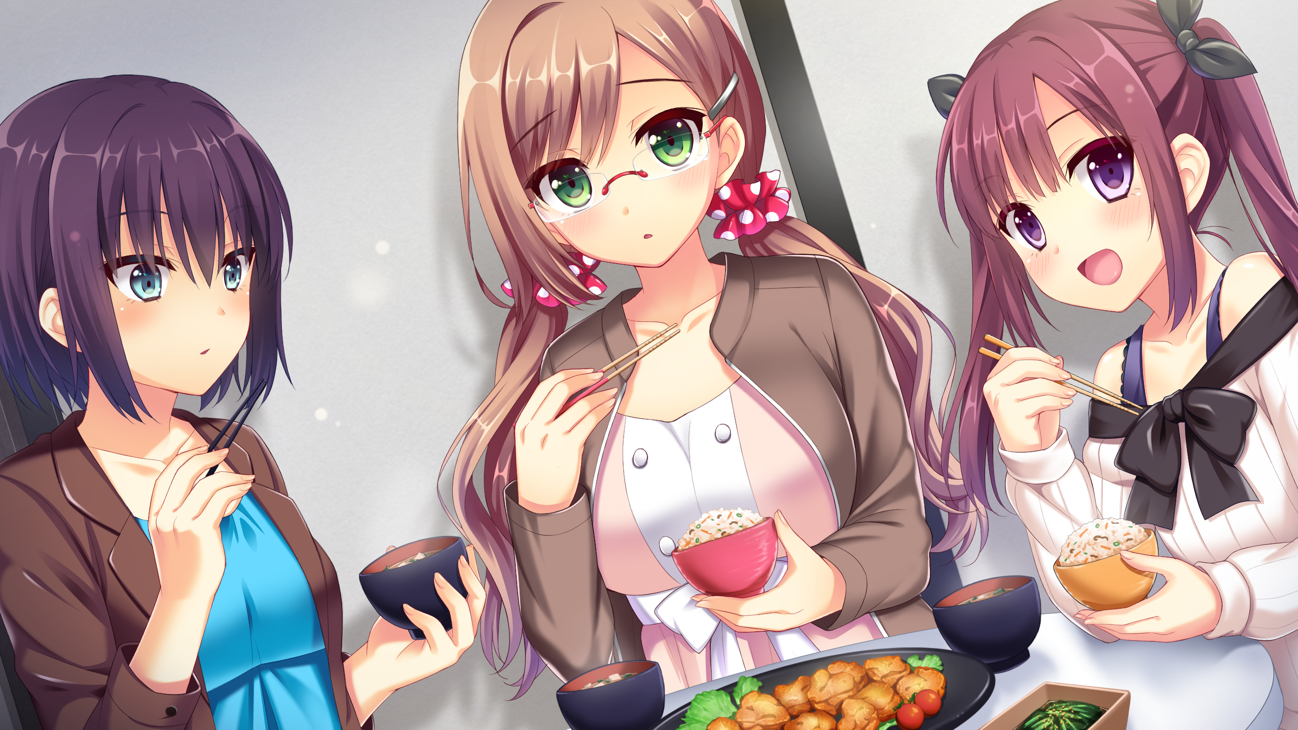 The Big Imageboard Tbib 3girls Black Hair Blue Eyes Blush Bow Brown
