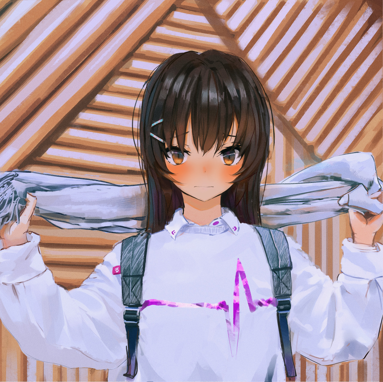 The Big Imageboard Tbib 1girl Backpack Bag Bangs Black Hair Blush