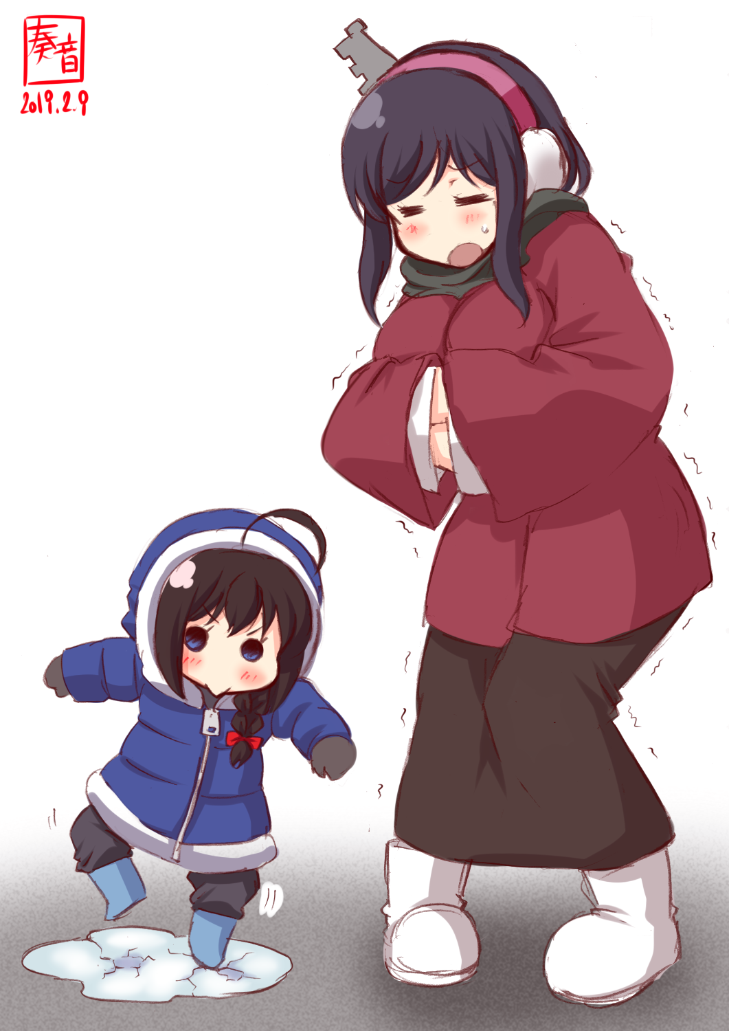 The Big ImageBoard (TBIB) - 2girls aged down ahoge alternate costume artist logo black hair ...