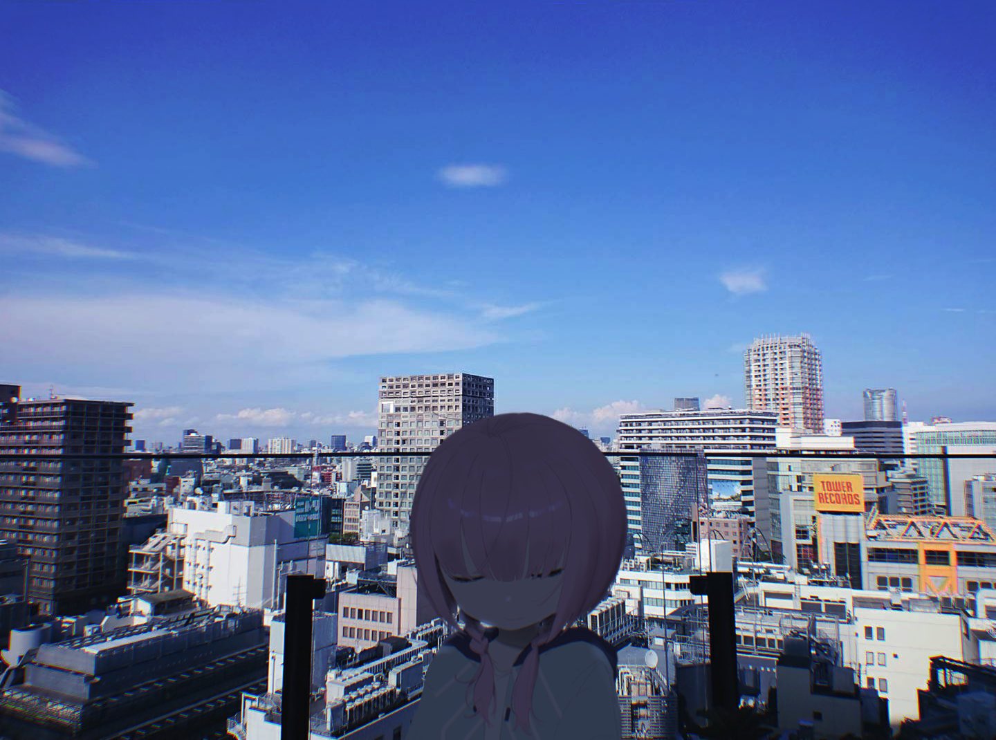 The Big ImageBoard (TBIB) - 1girl blue jacket blue sky braid building city cityscape closed eyes ...