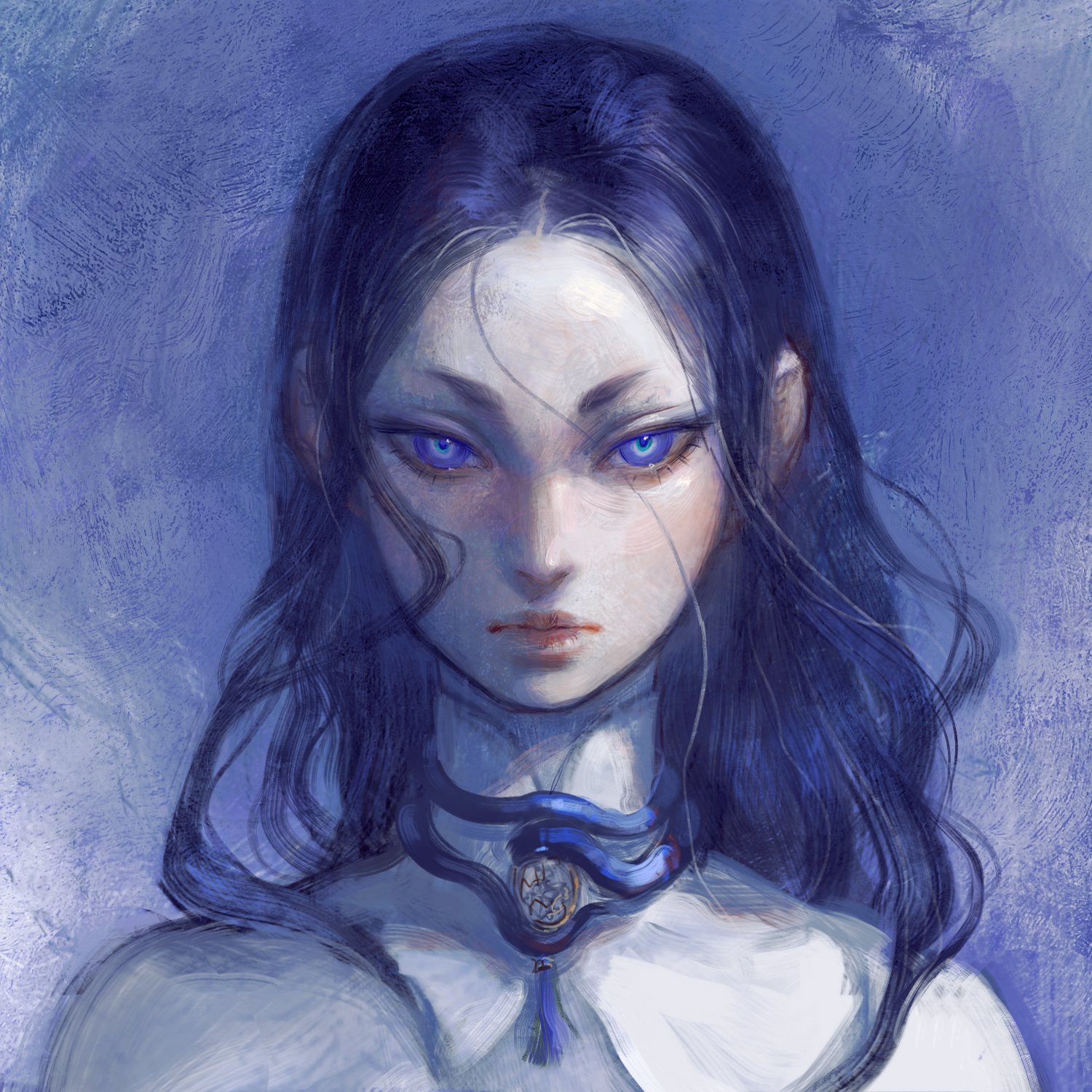 The Big ImageBoard (TBIB) - 1girl black hair blue background blue eyes blush cape close-up ...