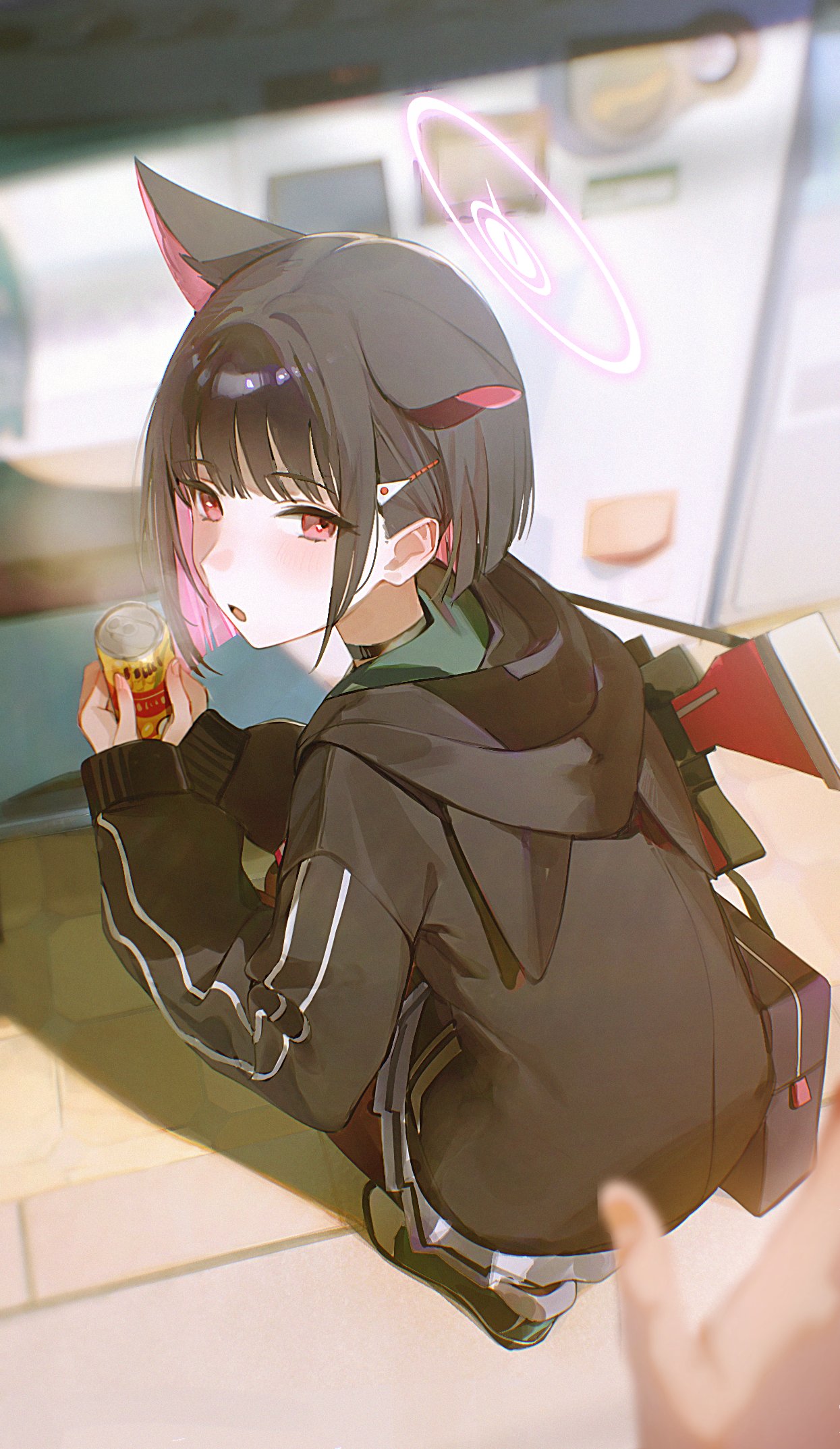 The Big ImageBoard (TBIB) - 1girl animal ears bag black bag black choker black hair black hoodie ...