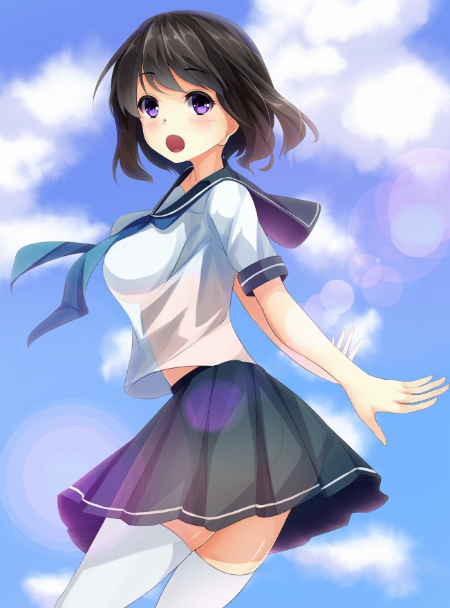 The Big Imageboard Tbib 1girl Bad Id Bad Pixiv Id Black Hair Blue Eyes Day Lens Flare Neko