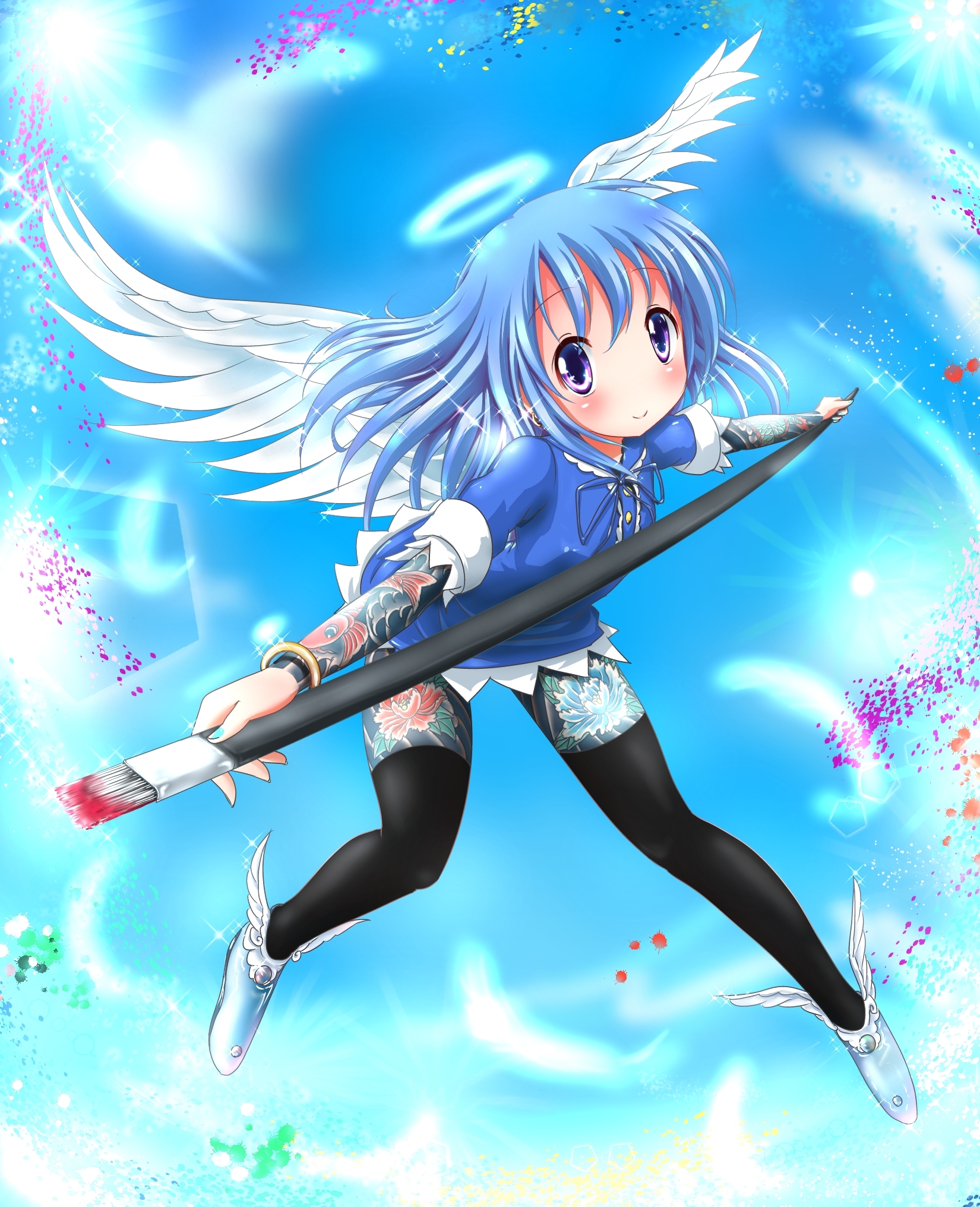 The Big Imageboard Tbib 1girl Angel Angel Wings Arm Tattoo Blue
