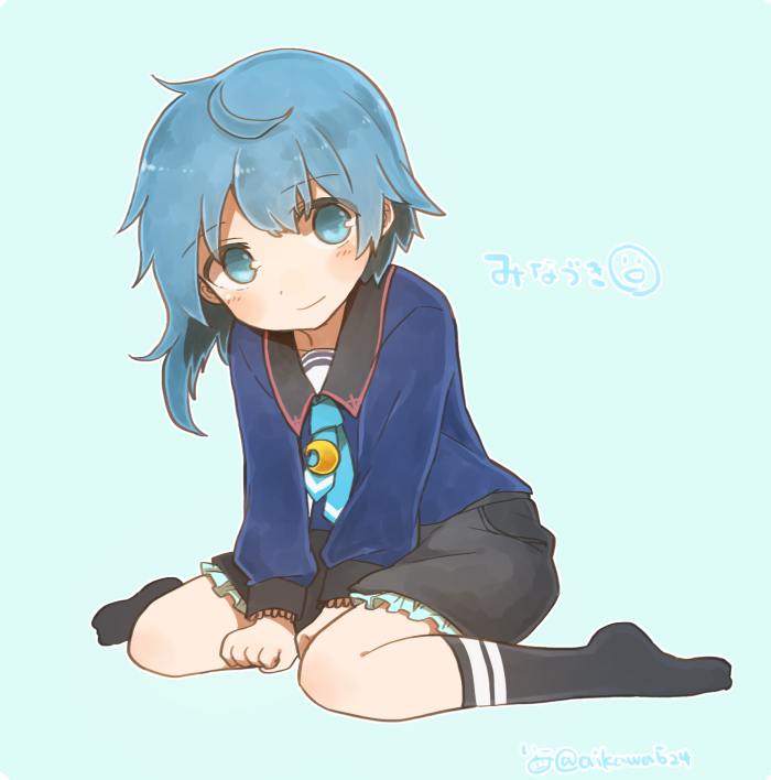 The Big ImageBoard (TBIB) - ahoge arms between legs asymmetrical hair black legwear blouse blue ...