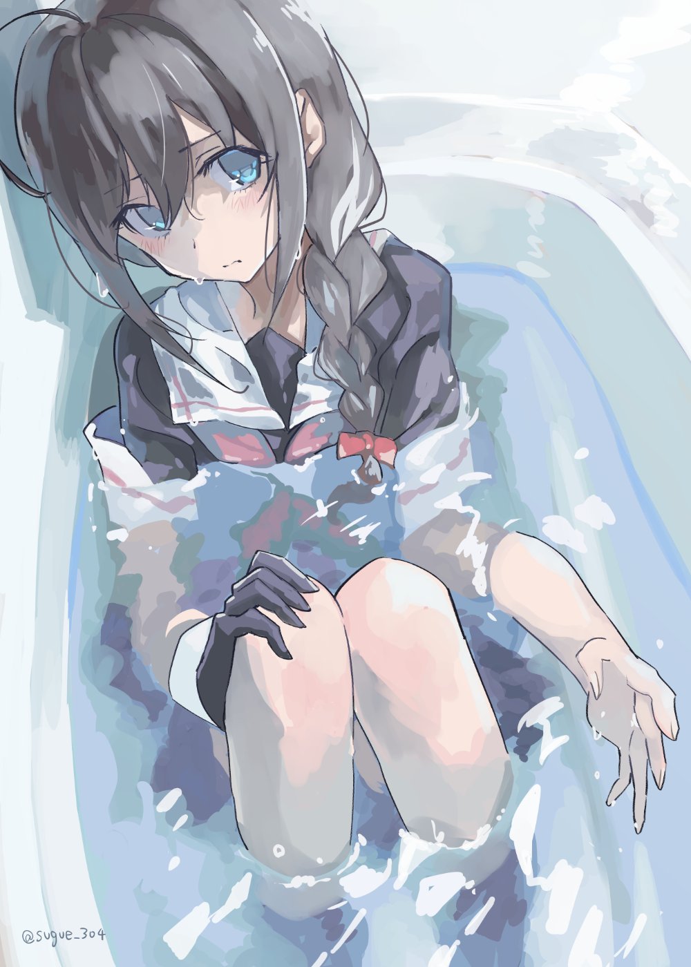 The Big ImageBoard (TBIB) - 1girl ahoge bathtub black gloves black serafuku black shirt blue ...