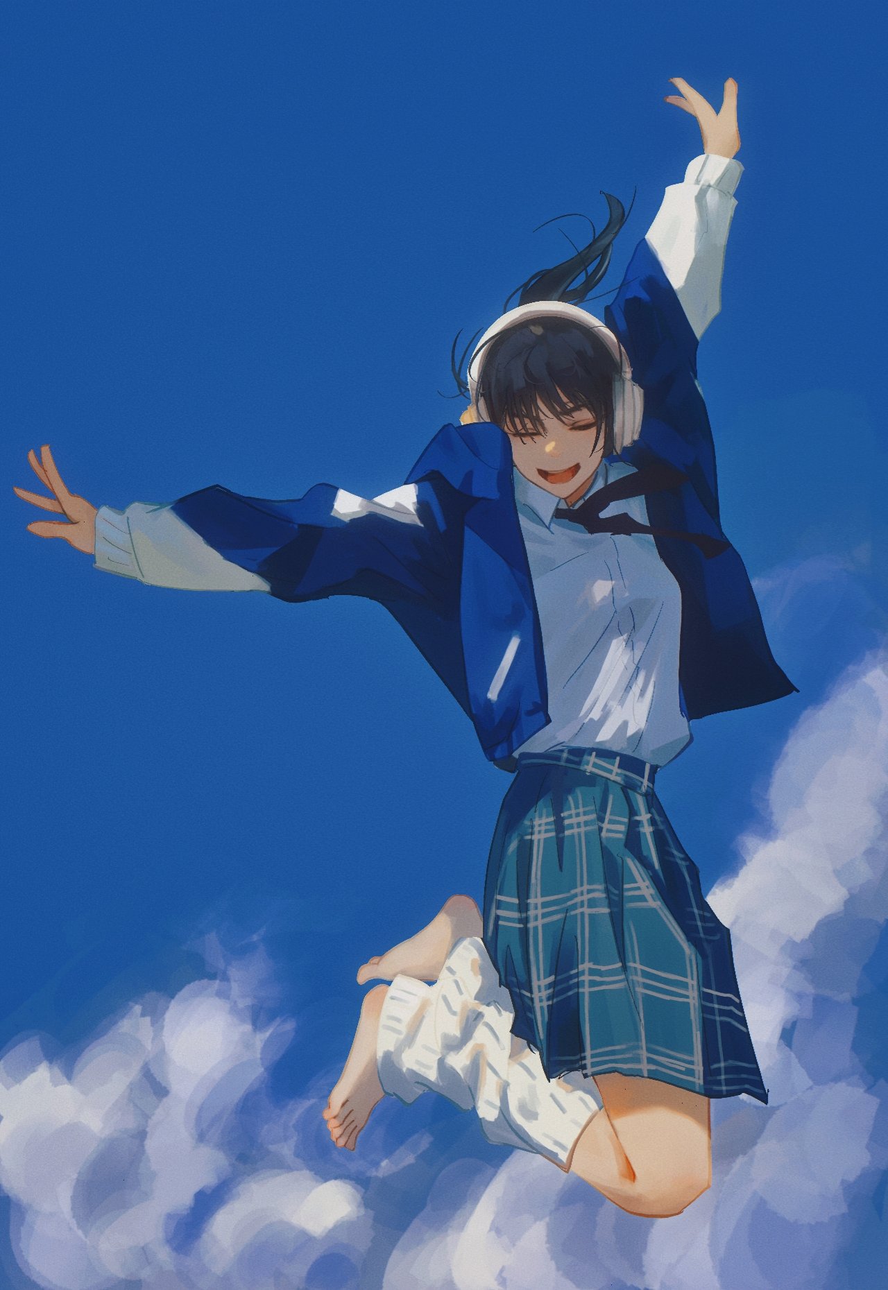 The Big ImageBoard (TBIB) - 1girl arms up barefoot black hair blue jacket blue sky chainsaw man ...