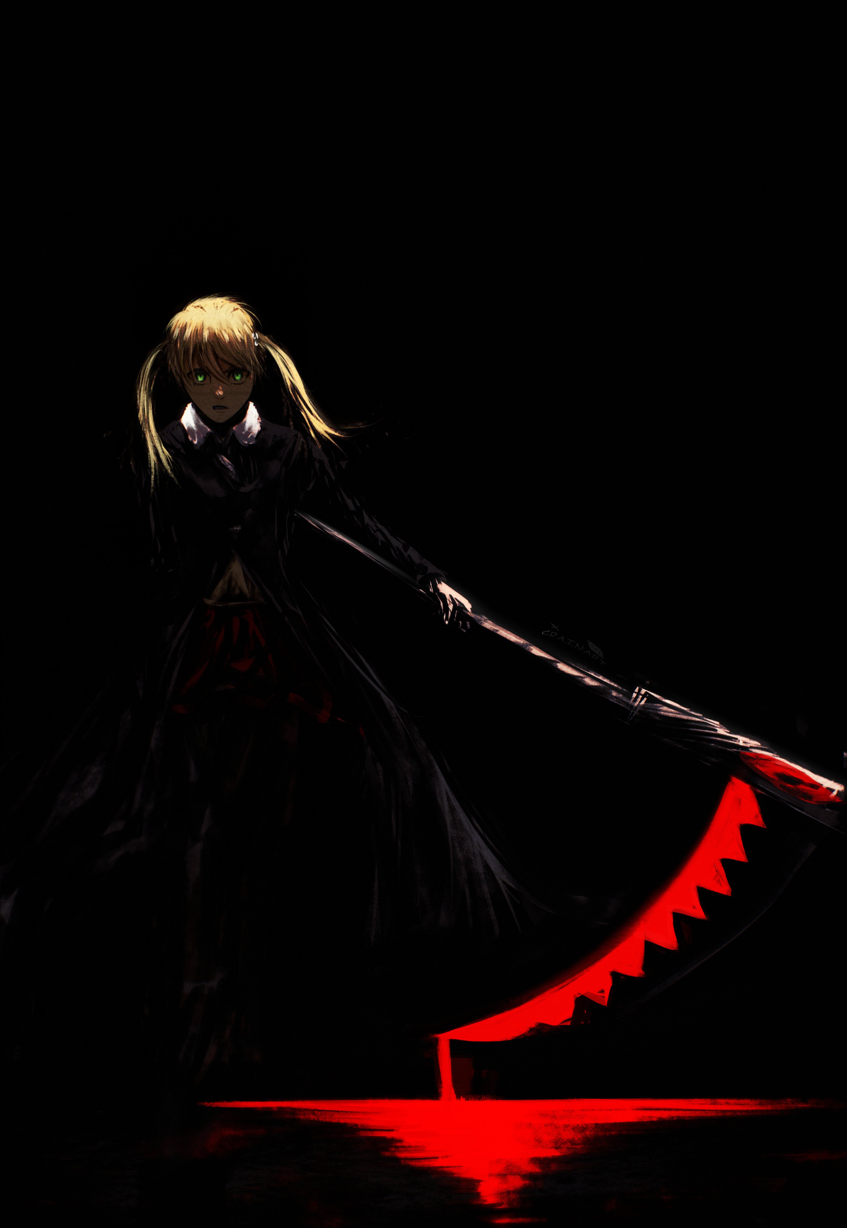 The Big ImageBoard (TBIB) - 1girl absurdres artist name black background black coat blonde hair ...