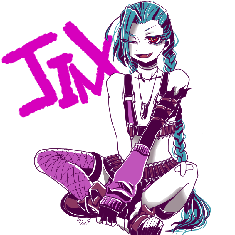 The Big Imageboard Tbib 1girl Belt Blue Hair Boots Braid Bullet Fang Female Gloves Jinx