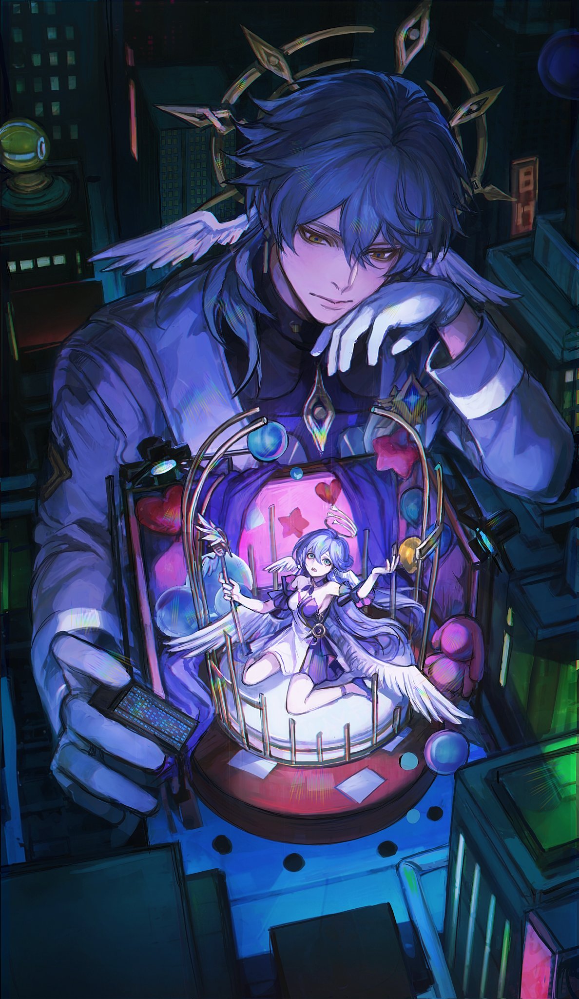 The Big ImageBoard (TBIB) - 1boy 1girl arms up balloon bare shoulders birdcage blue eyes blue ...