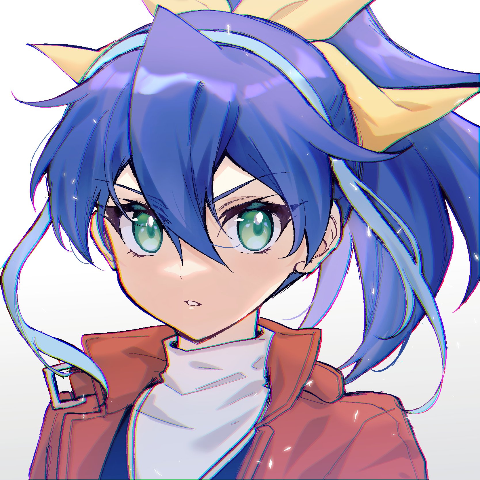 The Big ImageBoard (TBIB) - 1girl blue hair green eyes hair ribbon high ponytail highres jacket ...