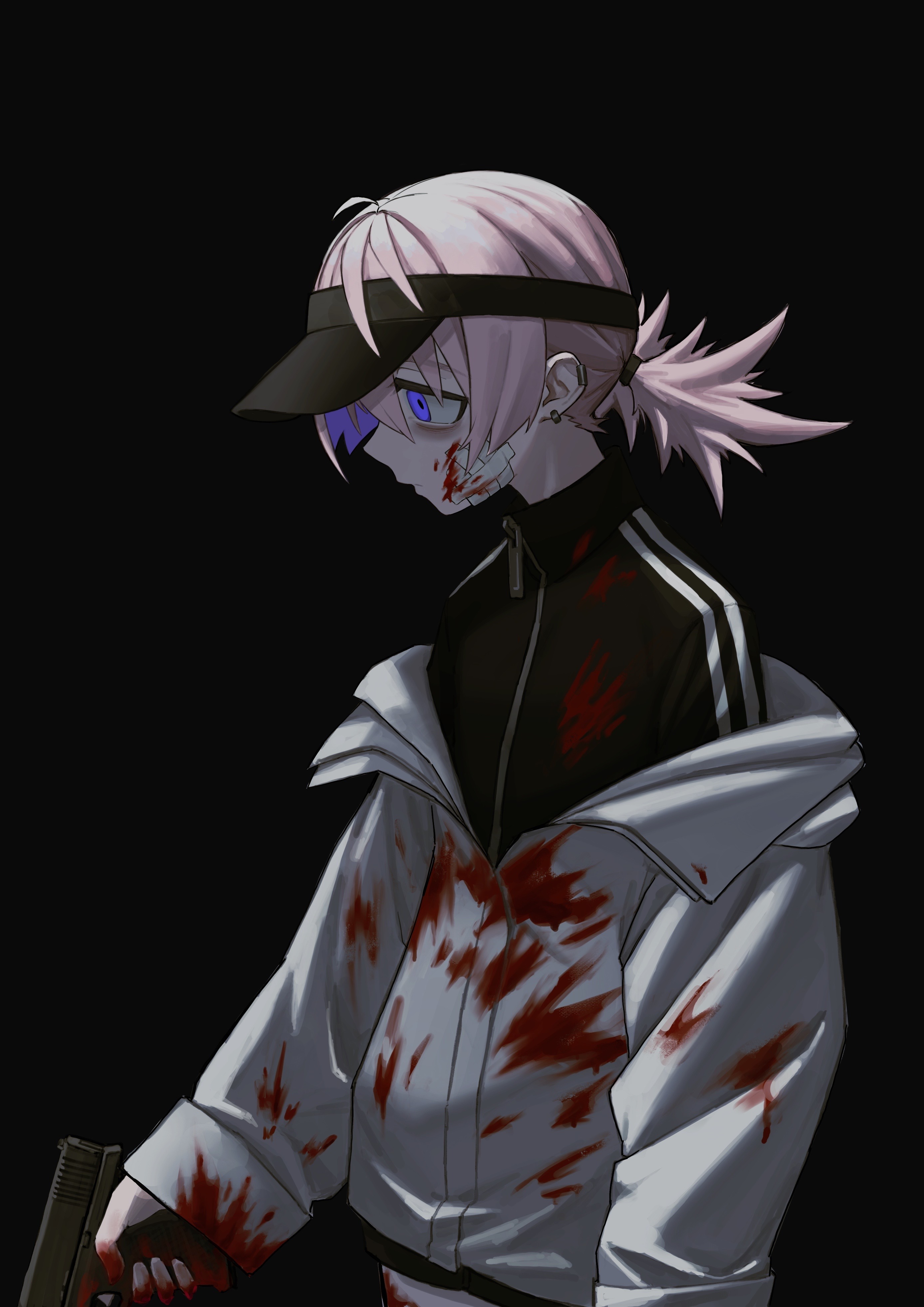 The Big ImageBoard (TBIB) - 1girl absurdres black background black headwear black jacket blood ...