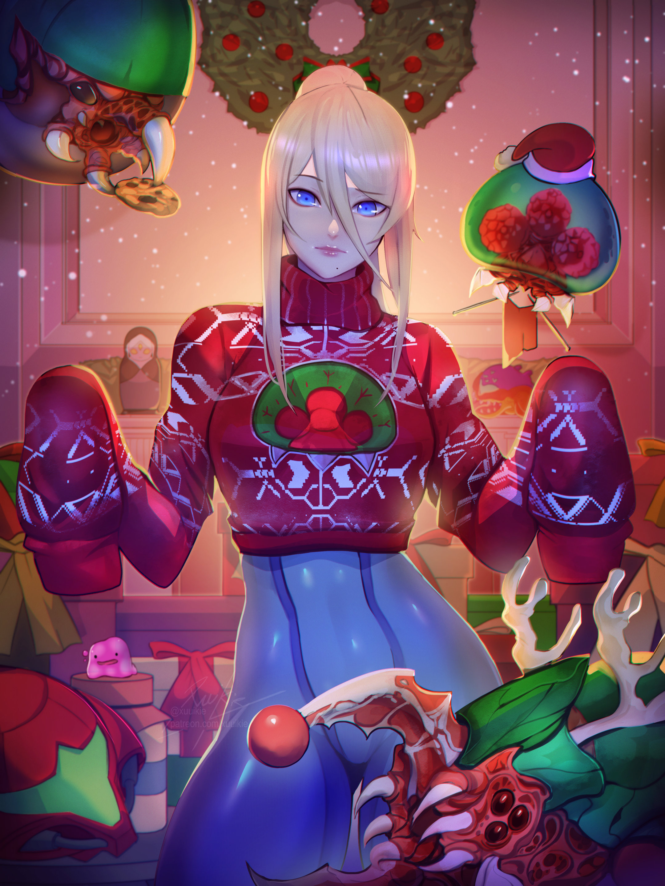 The Big Imageboard Tbib Absurdres Blob Blonde Hair Blue Eyes Bodysuit Christmas Christmas