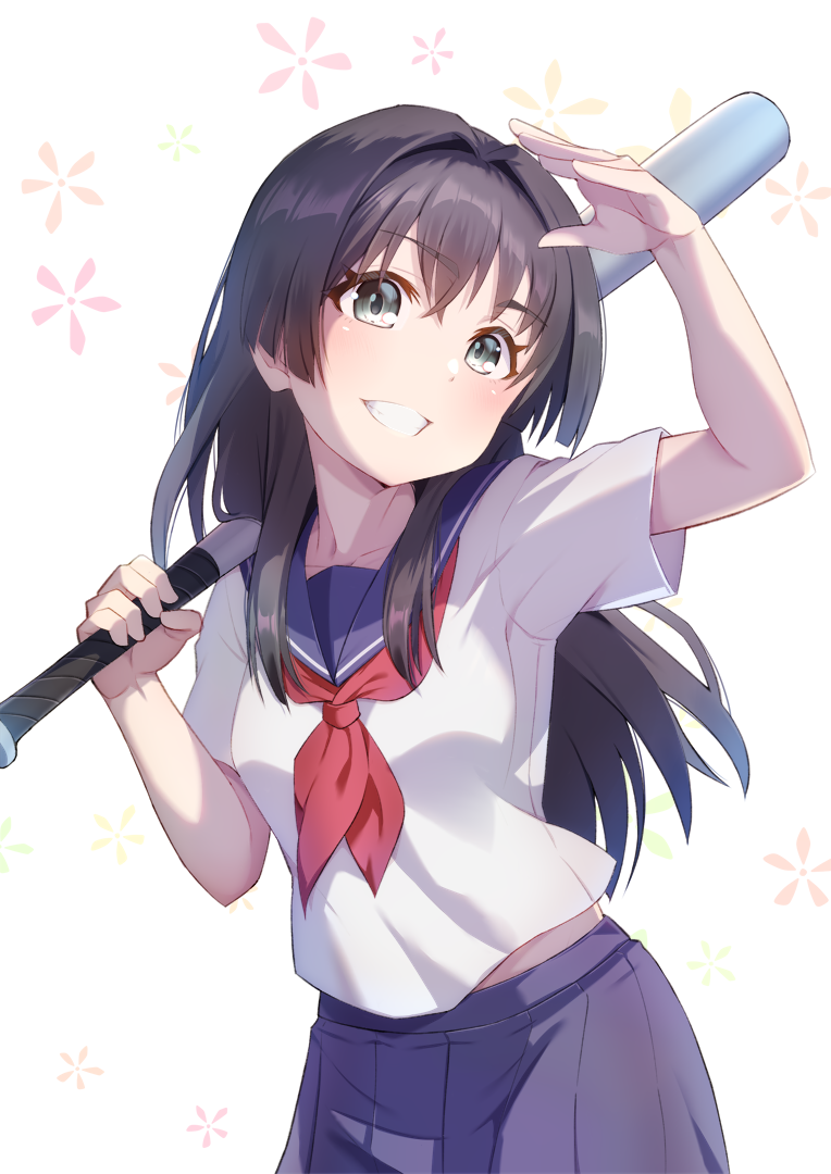 The Big ImageBoard (TBIB) - 1girl baseball bat black hair blue sailor collar blue skirt blush ...