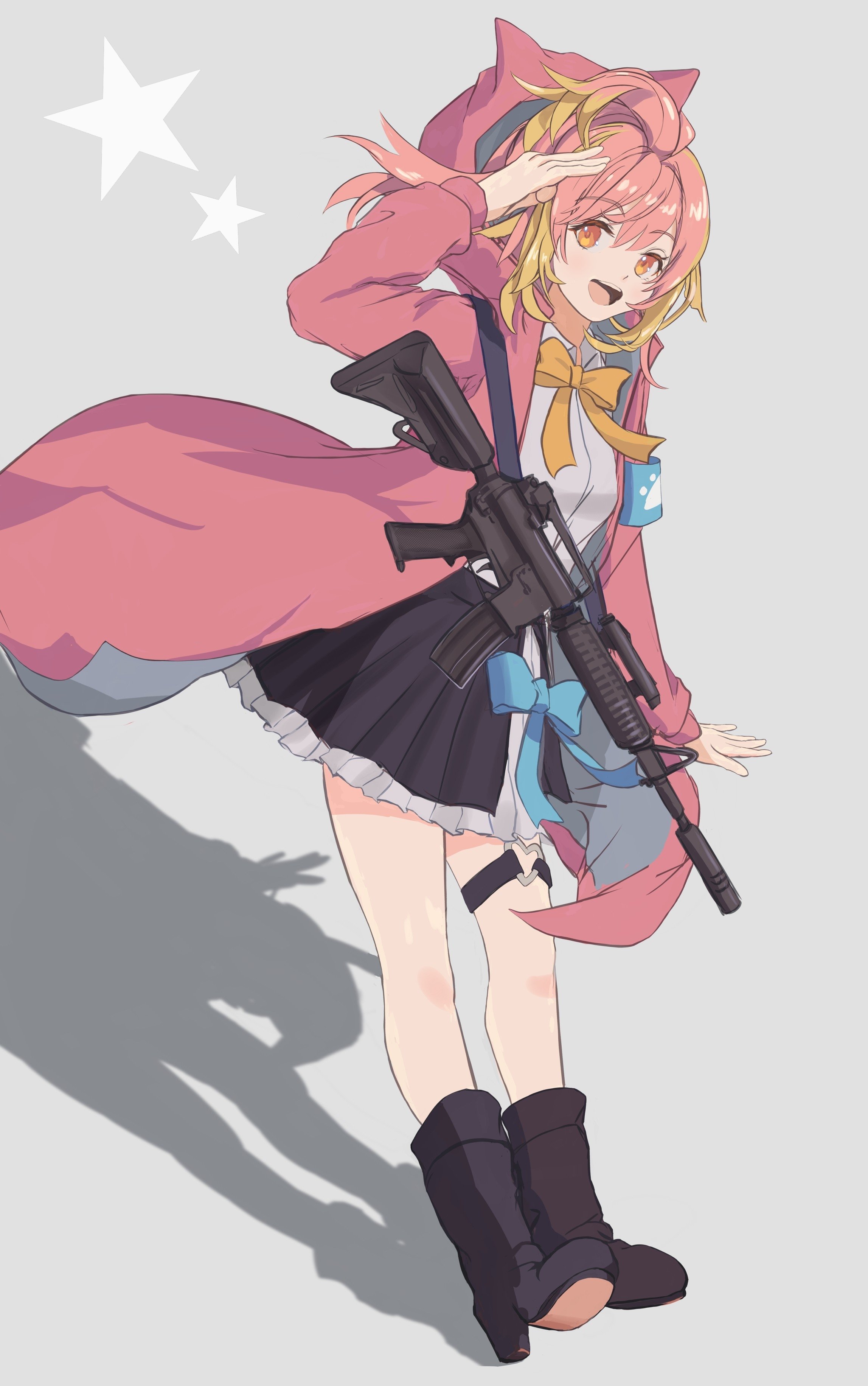 The Big ImageBoard (TBIB) - 1girl absurdres animal ear hood arm at side assault rifle black ...
