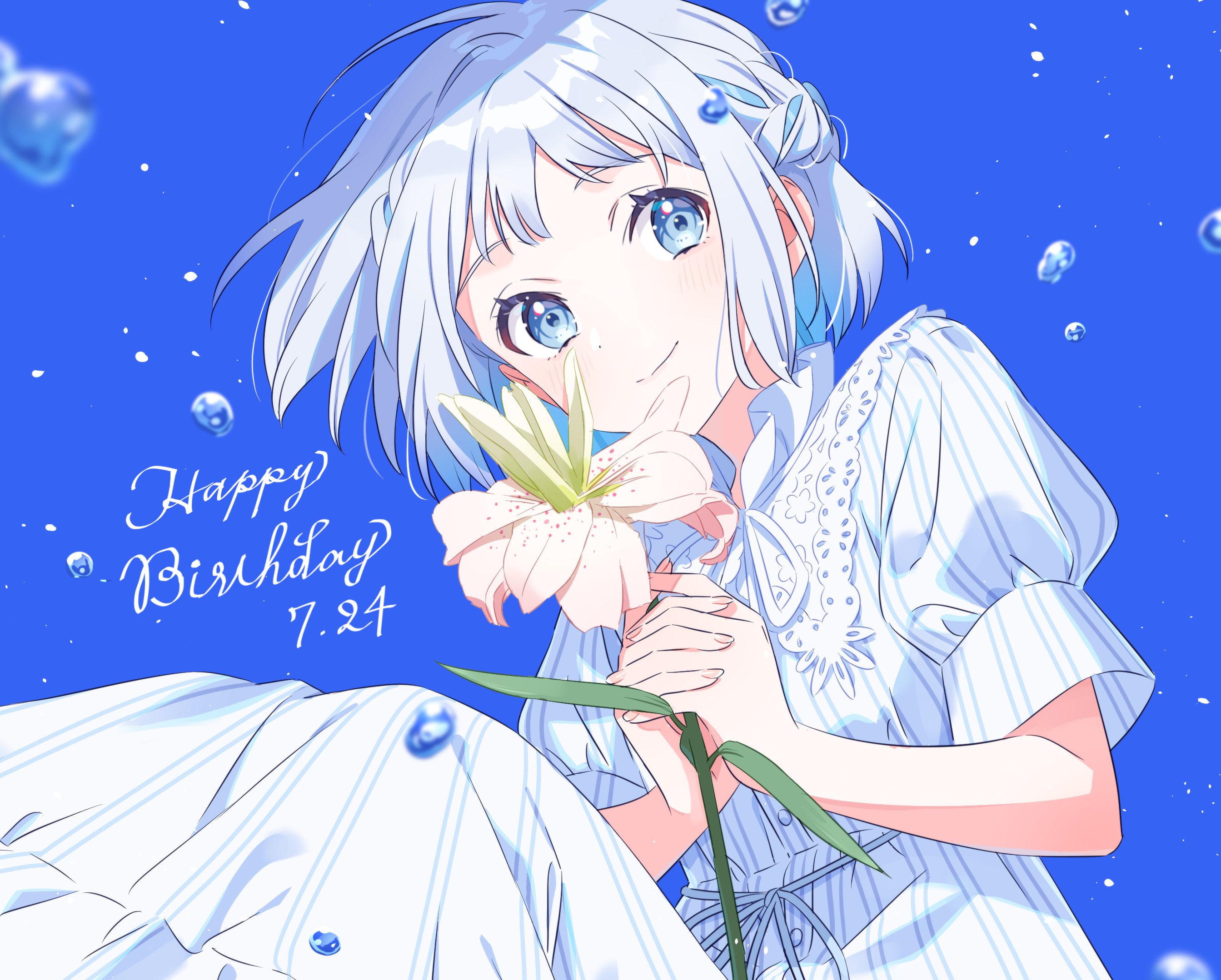 The Big ImageBoard (TBIB) - 1girl blue background blue eyes blue ribbon blush commentary request ...