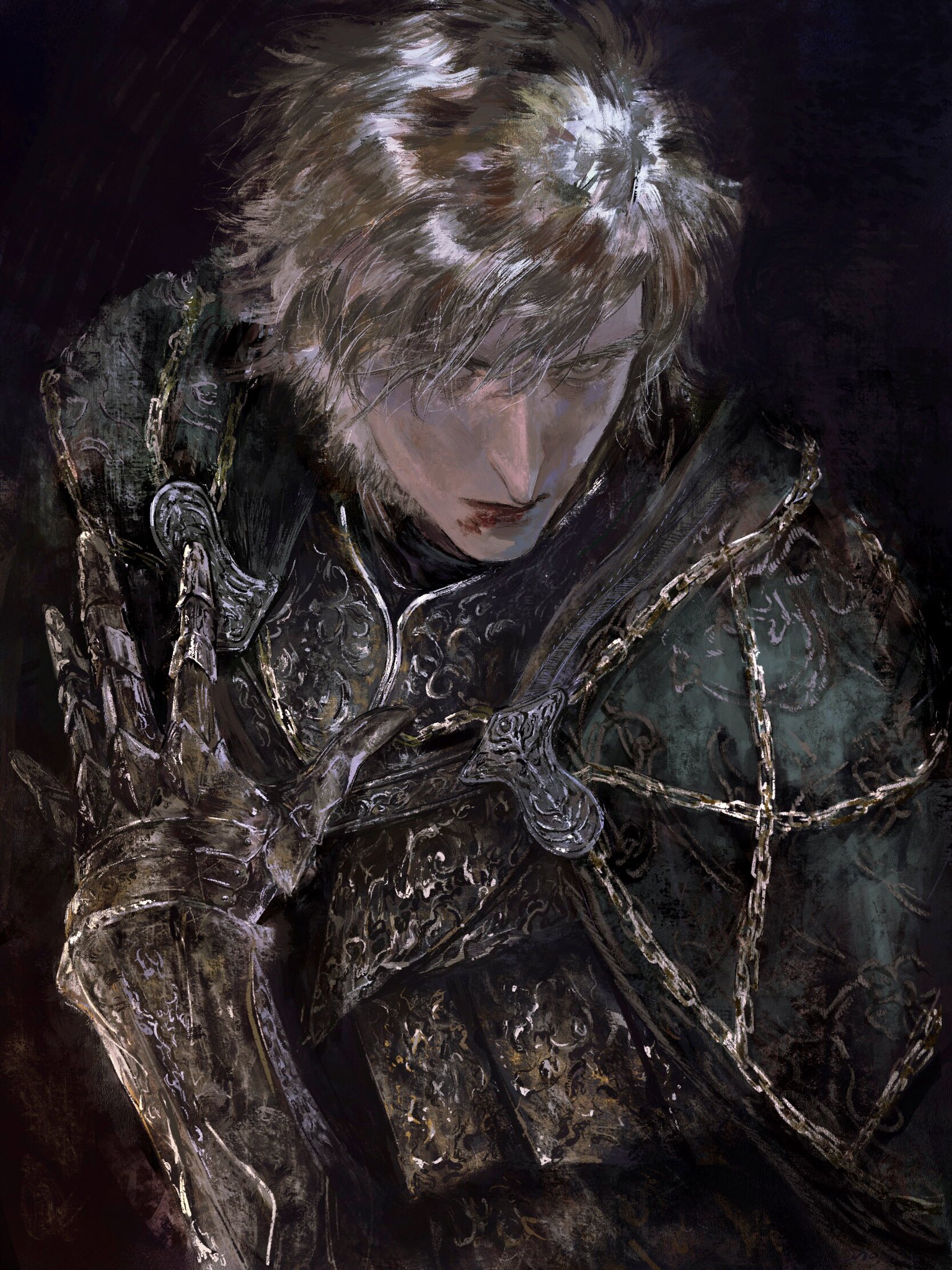 The Big ImageBoard (TBIB) - 1boy alfred (bloodborne) armor black armor black background blonde ...