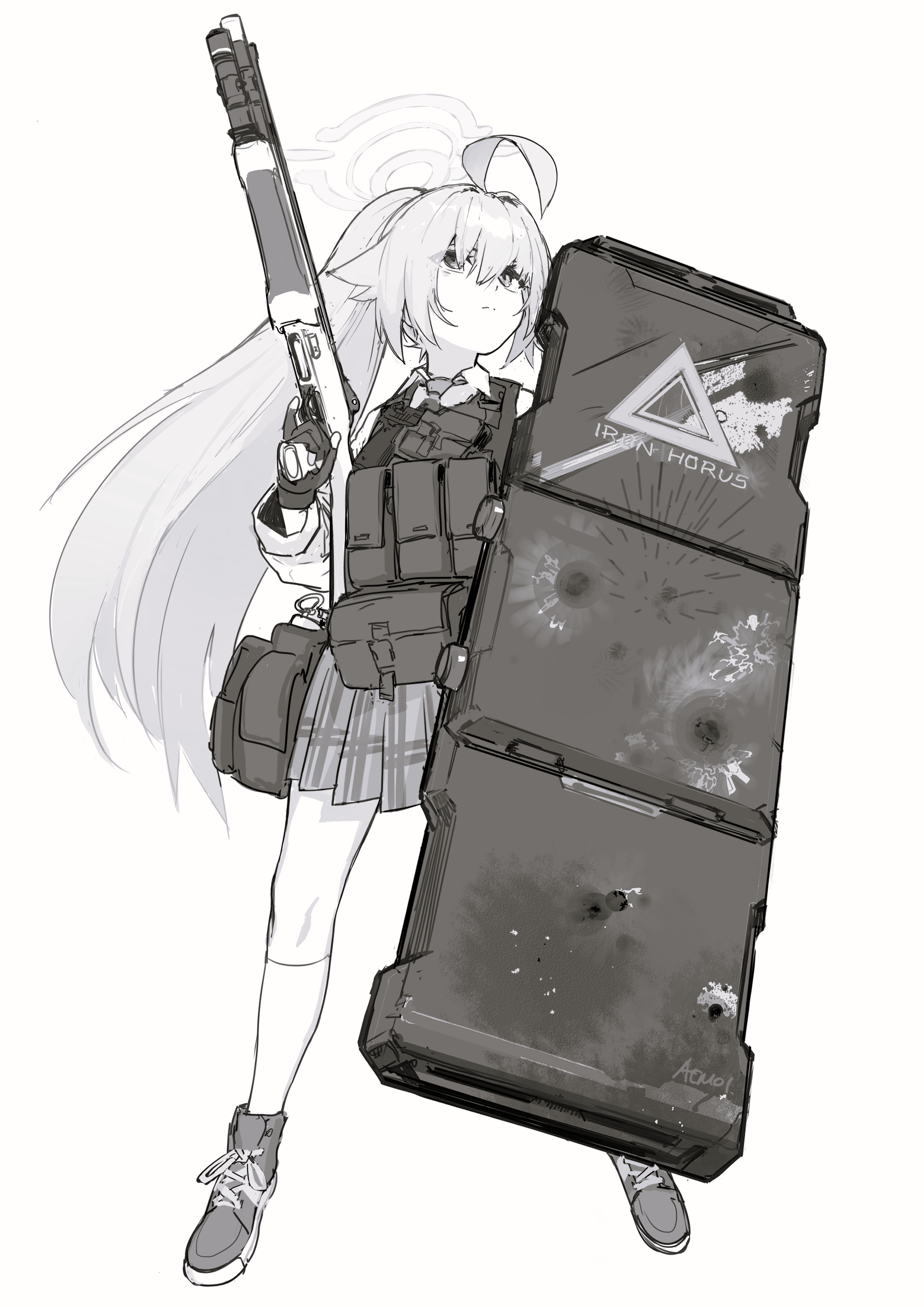 The Big ImageBoard (TBIB) - ahoge alma01 artist name ballistic shield blue archive bullet hole ...