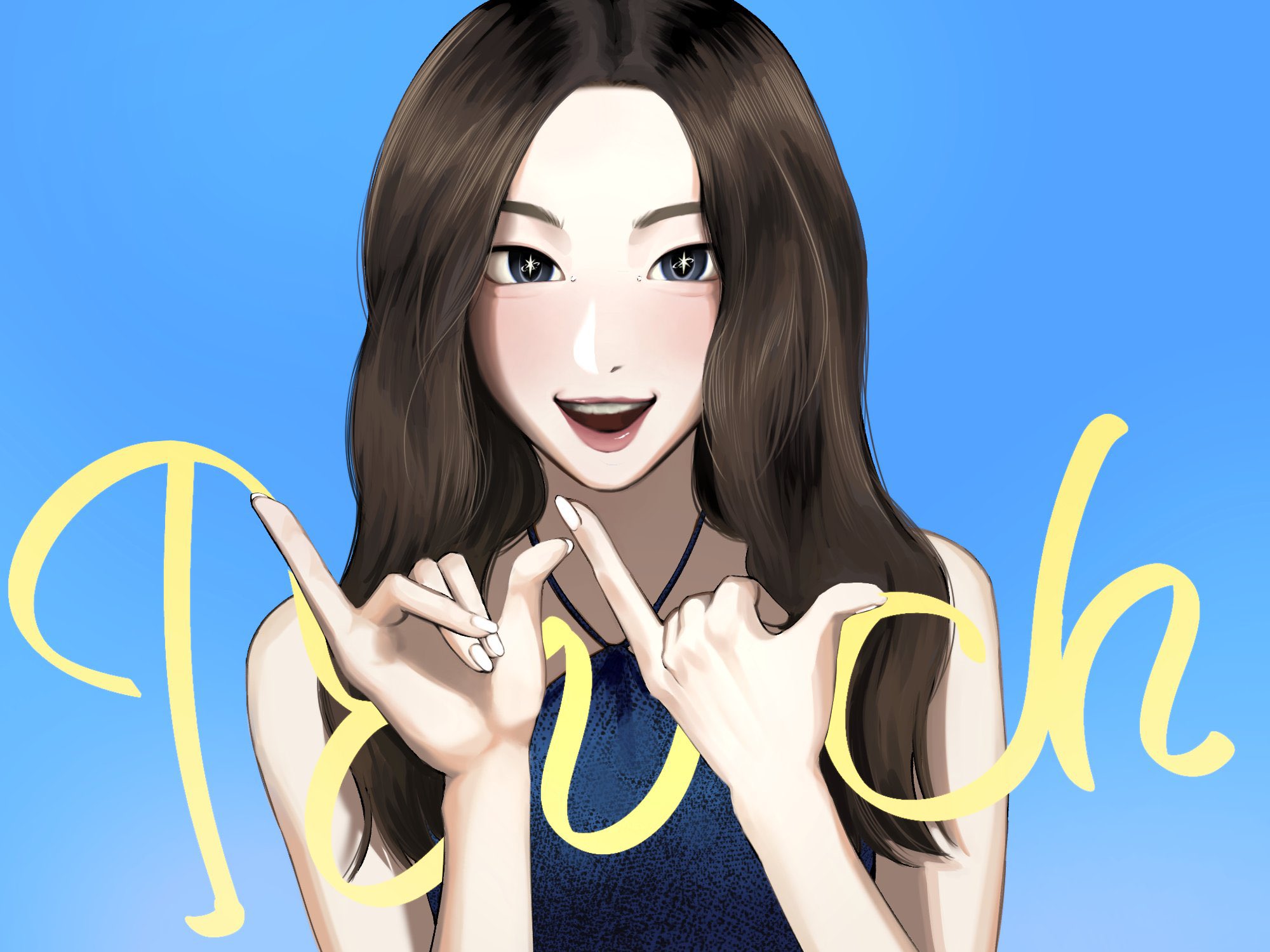 The Big ImageBoard (TBIB) - 1girl blue background blue eyes blue shirt brown hair halter shirt ...