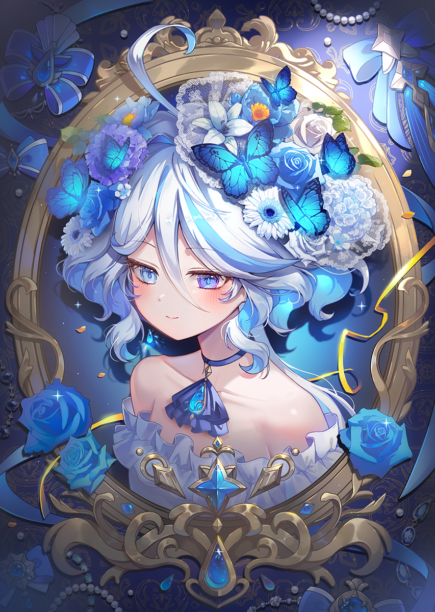 The Big ImageBoard (TBIB) - 1girl ahoge ascot bare shoulders blue ascot blue bow blue butterfly ...