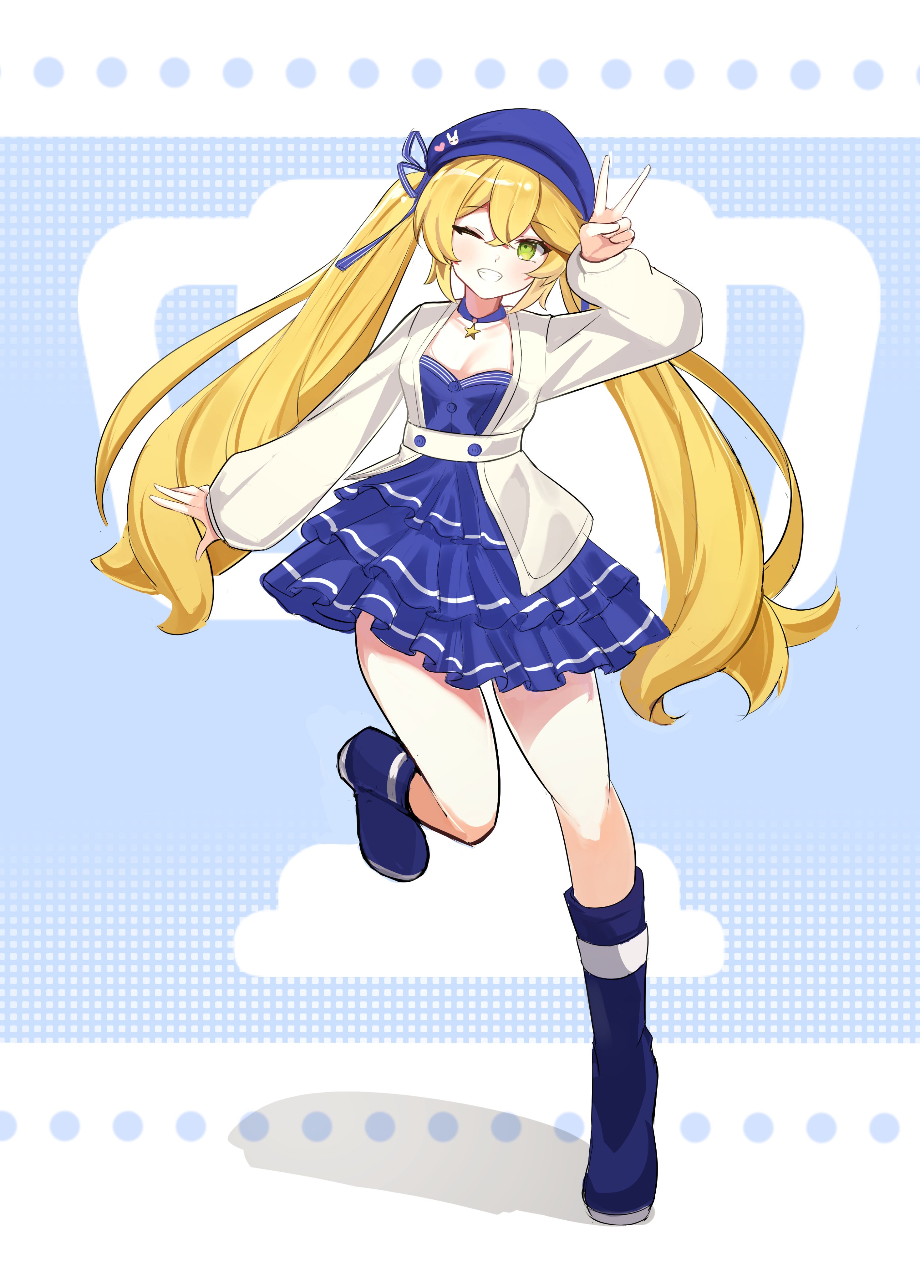 The Big ImageBoard (TBIB) - 1girl absurdres belt blonde hair blue background blue choker blue ...