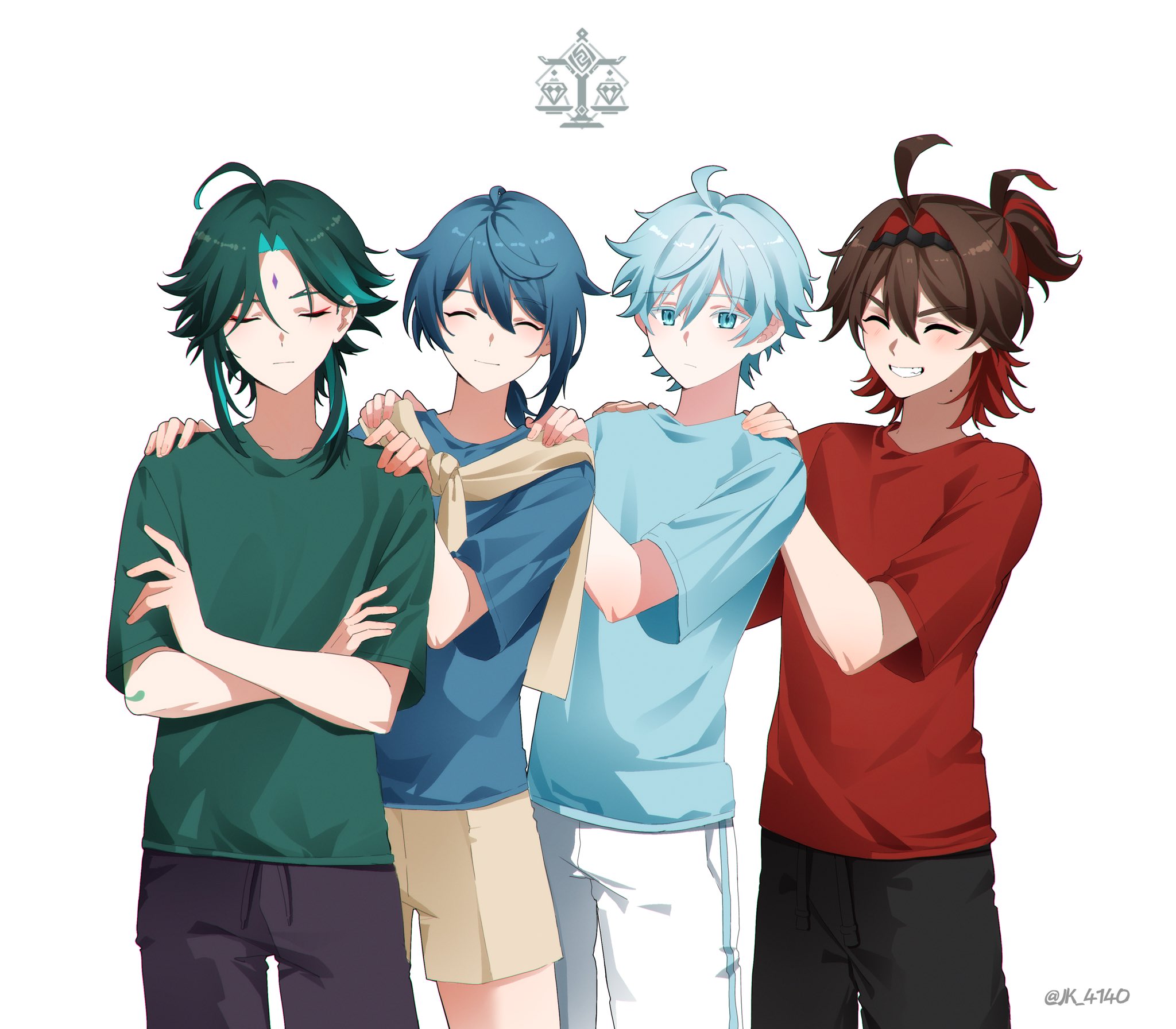 The Big ImageBoard (TBIB) - 4boys arm tattoo black pants blue eyes blue hair blue shirt brown ...