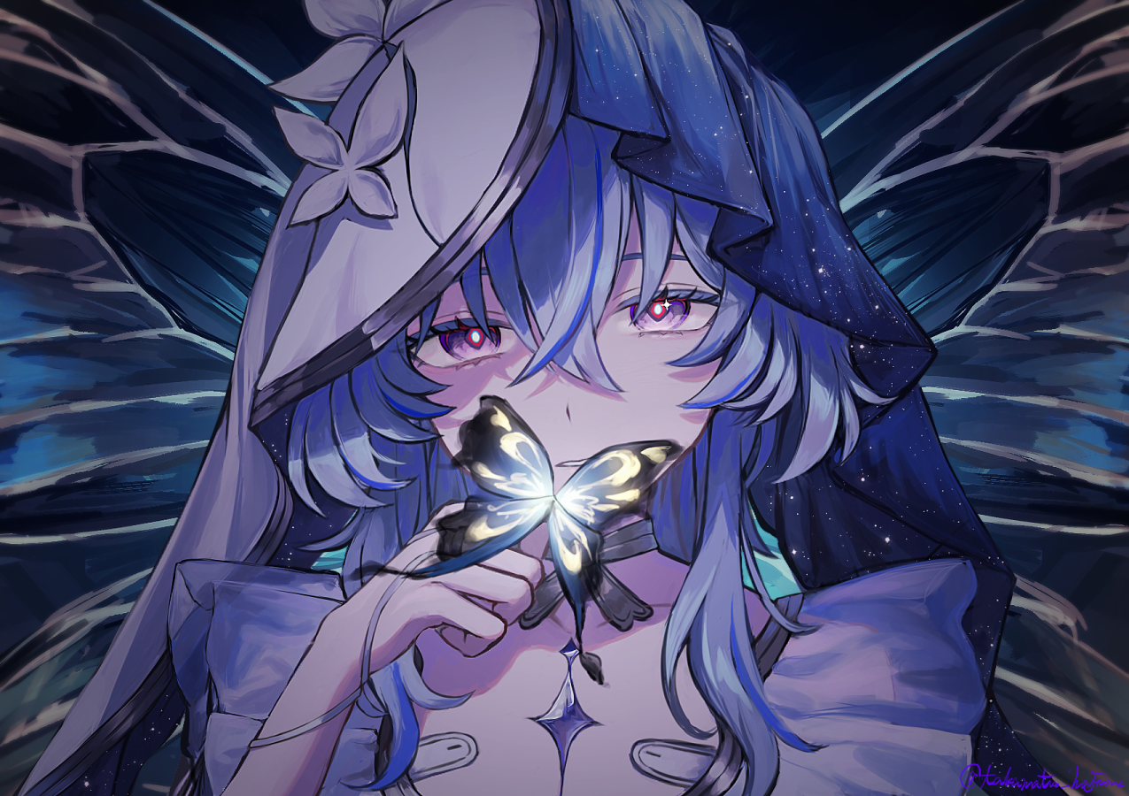 The Big ImageBoard (TBIB) - 1girl blue butterfly blue hair blue veil breasts bug butterfly ...