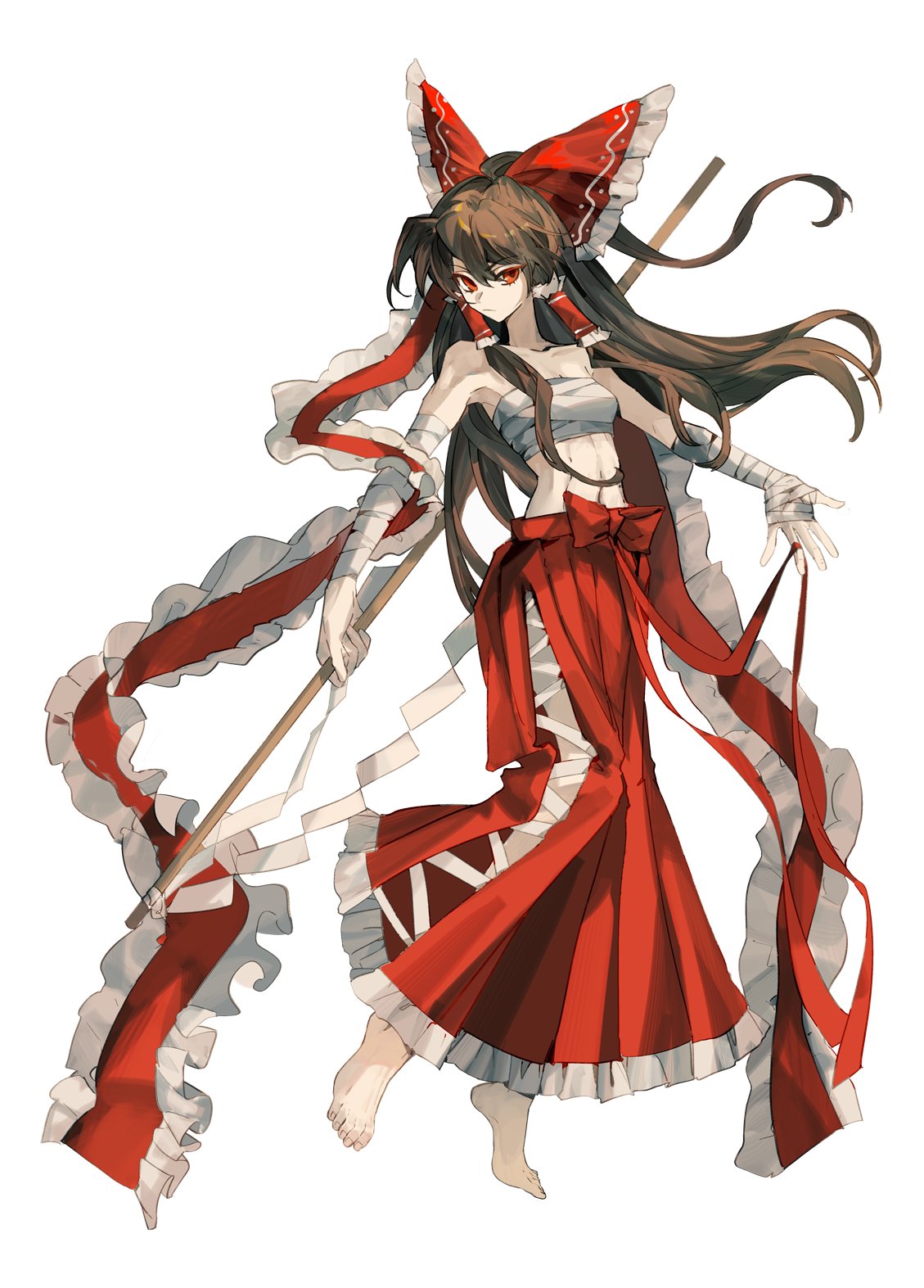 The Big ImageBoard (TBIB) - 1girl bandaged arm bandages barefoot bow brown hair chest sarashi ...