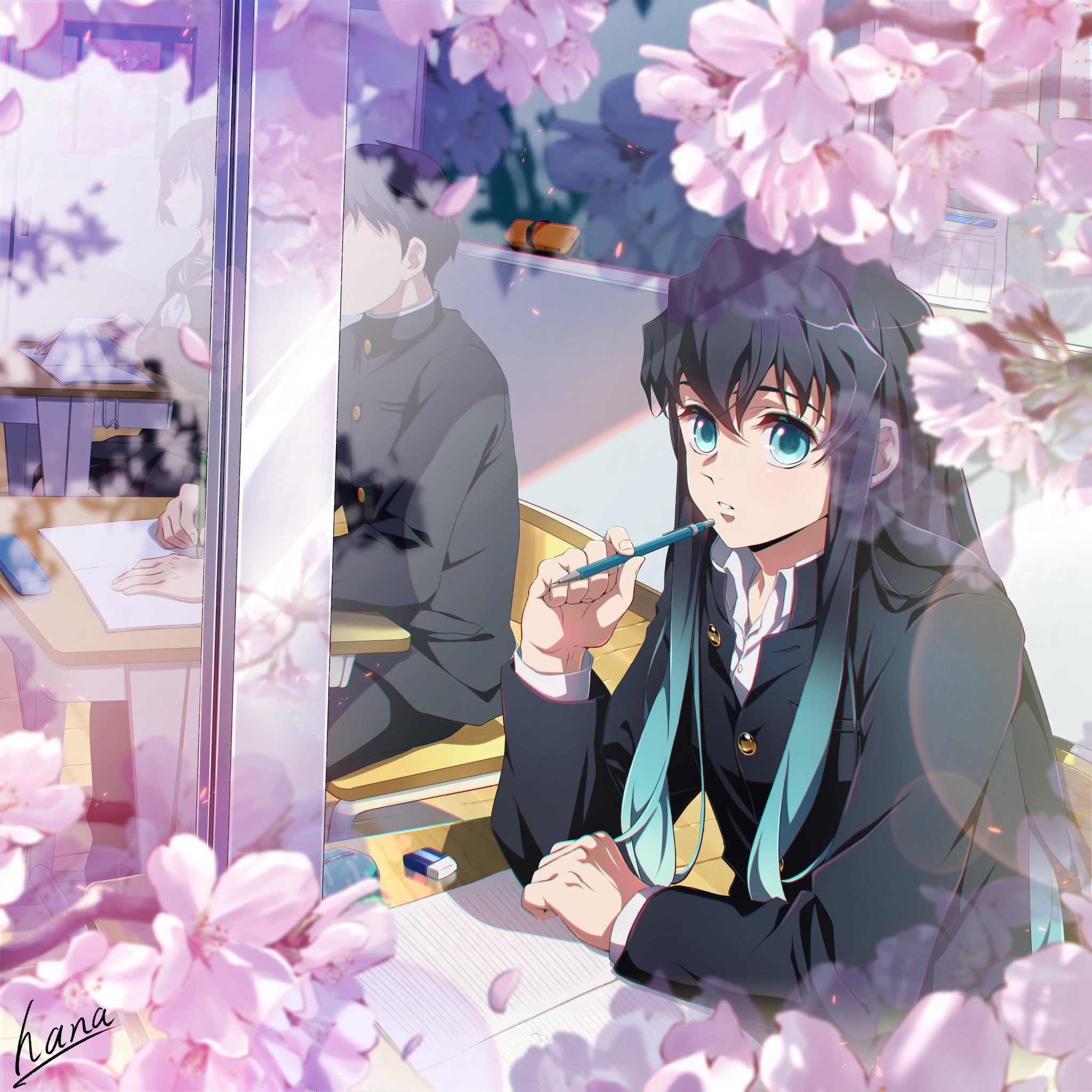 The Big ImageBoard (TBIB) - 1girl 2boys aqua eyes aqua hair black hair black shirt book cherry ...