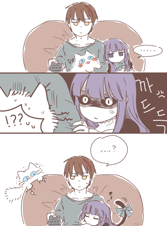 The Big ImageBoard (TBIB) - ... 1boy 1girl anger vein blue eyes blue hair bow brown hair cat cat ...