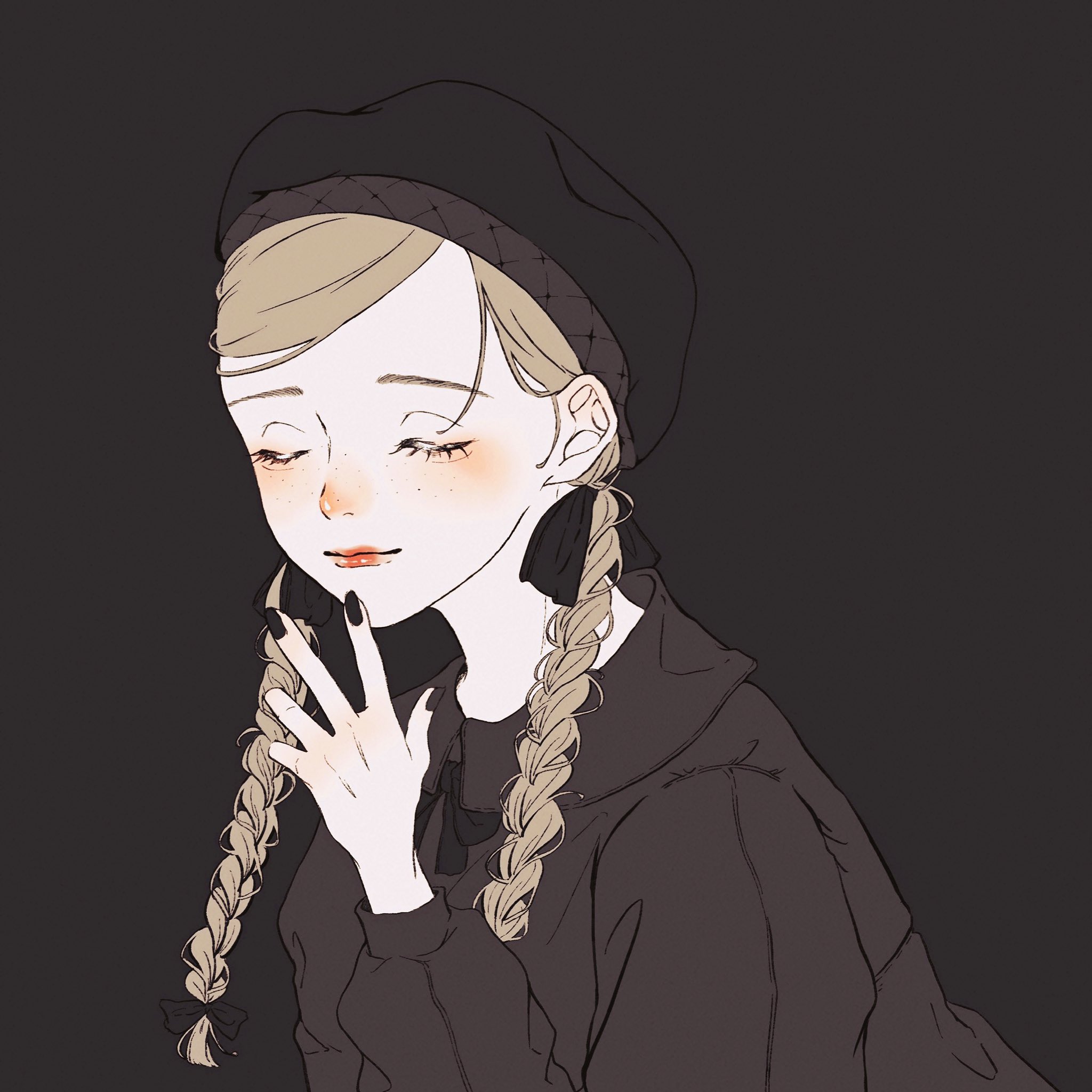 The Big ImageBoard (TBIB) - 1girl beret black background black bow black dress blonde hair blush ...