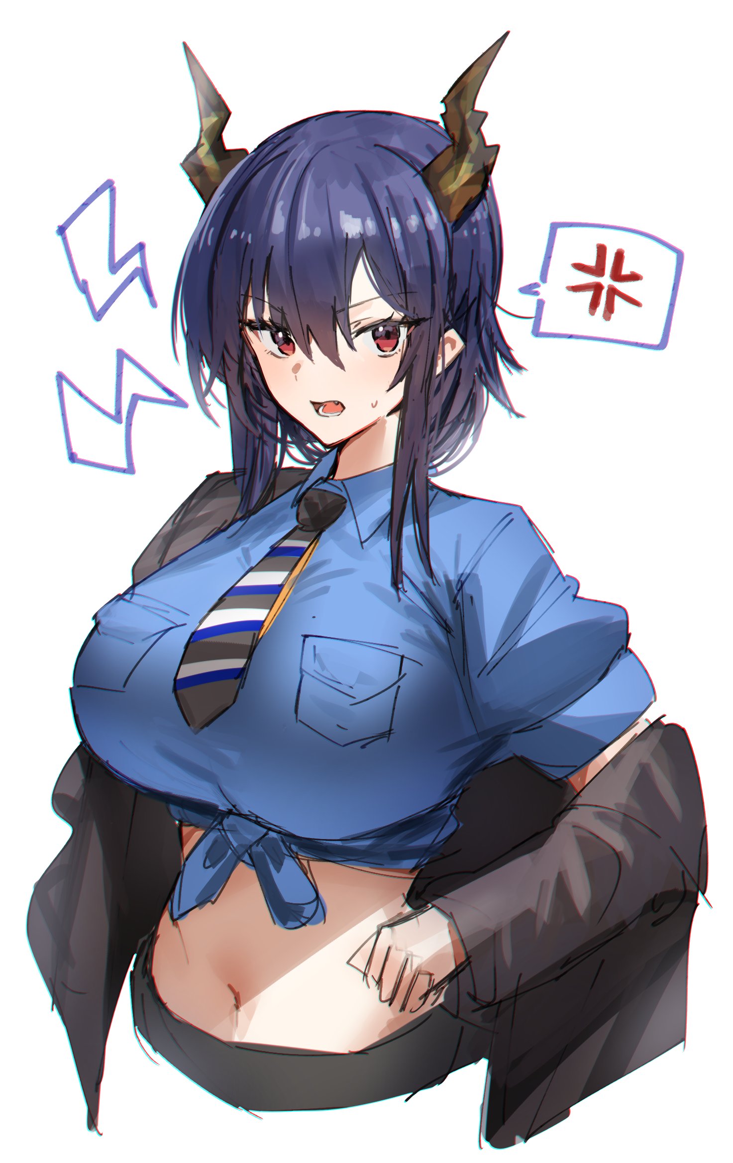 The Big ImageBoard (TBIB) - 1girl anger vein arknights black jacket blue hair blue shirt breasts ...