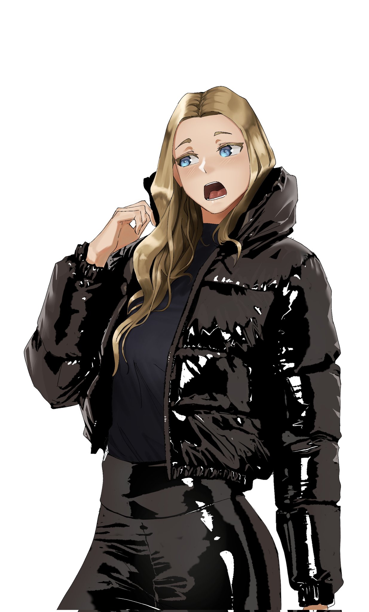 The Big ImageBoard (TBIB) - 1girl arm up ass black jacket black pants blonde hair blue eyes ...