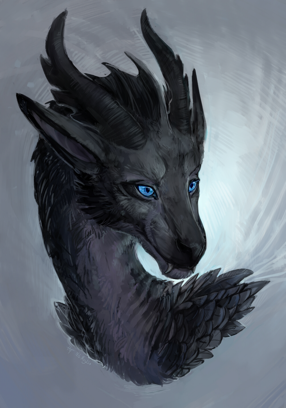 The Big ImageBoard (TBIB) - black body black feathers black hair blue eyes bust portrait curved ...