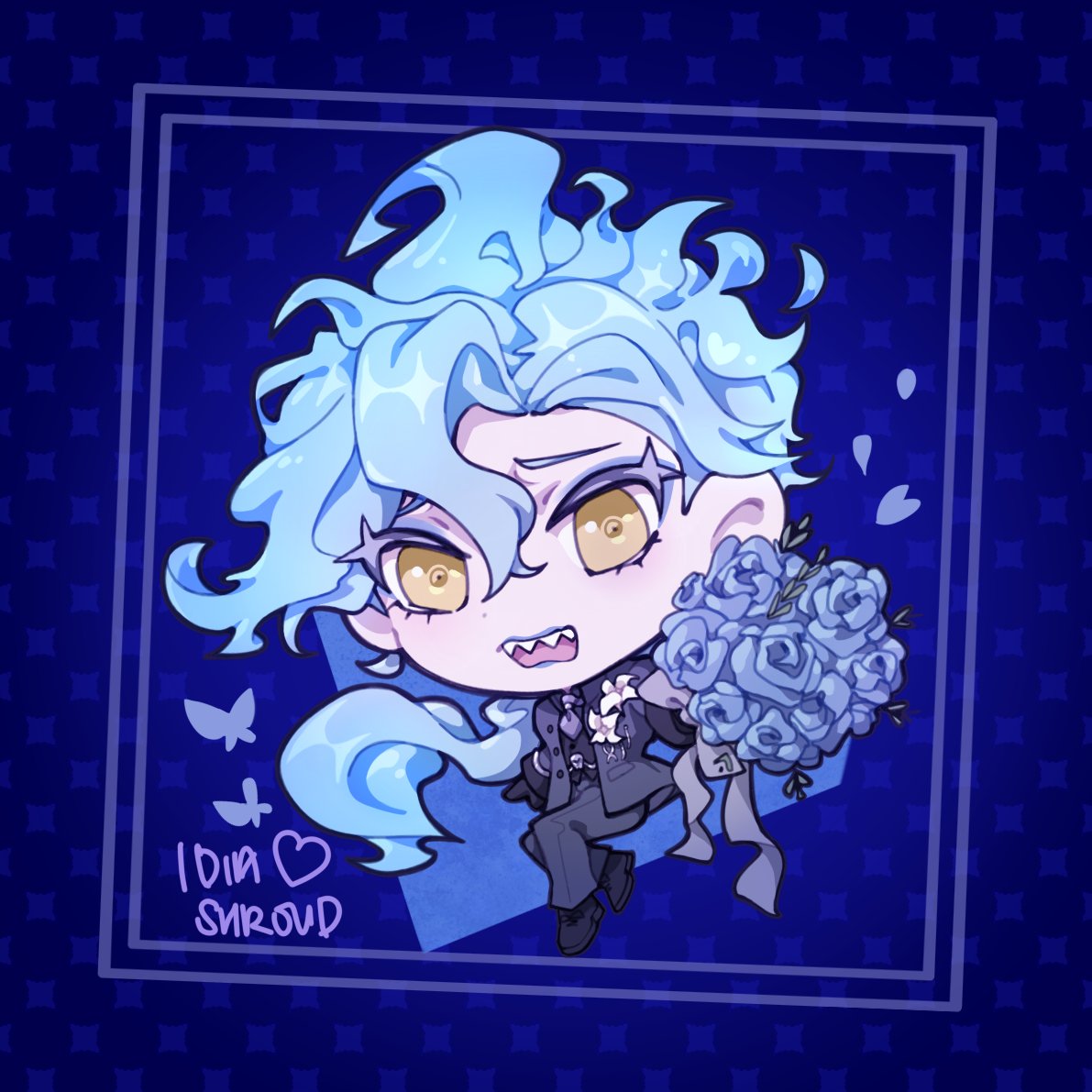 The Big ImageBoard (TBIB) - 1boy black suit blue background blue flower blue hair blue lips blue ...