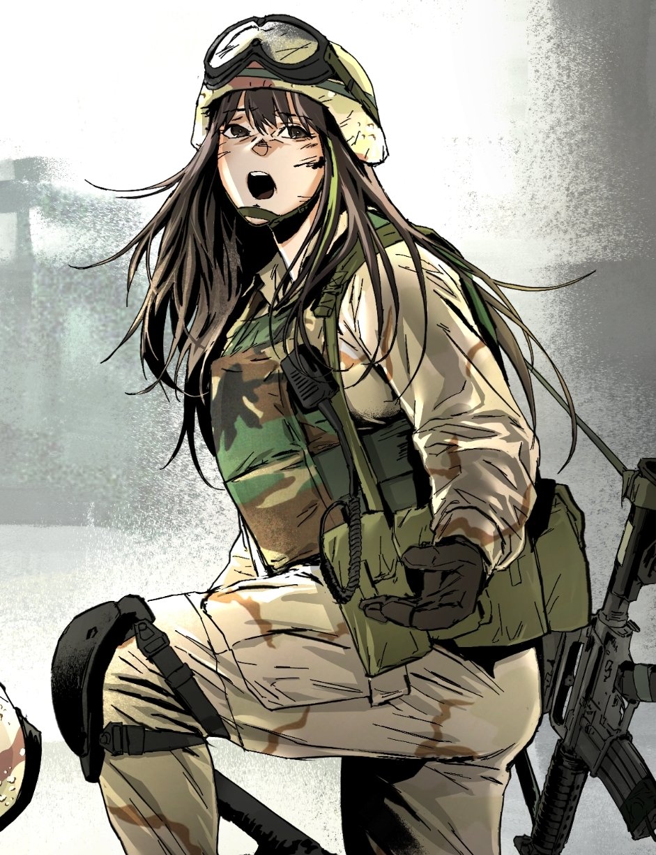 The Big ImageBoard (TBIB) - 1girl alternate costume assault rifle black gloves brown eyes brown ...