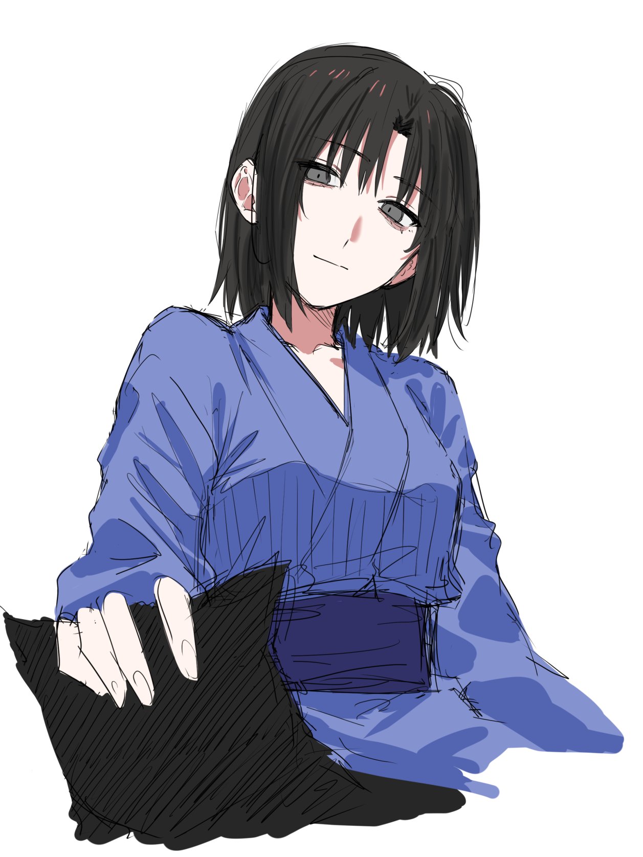 The Big ImageBoard (TBIB) - 1girl black cat black eyes black hair blue kimono breasts cat ...