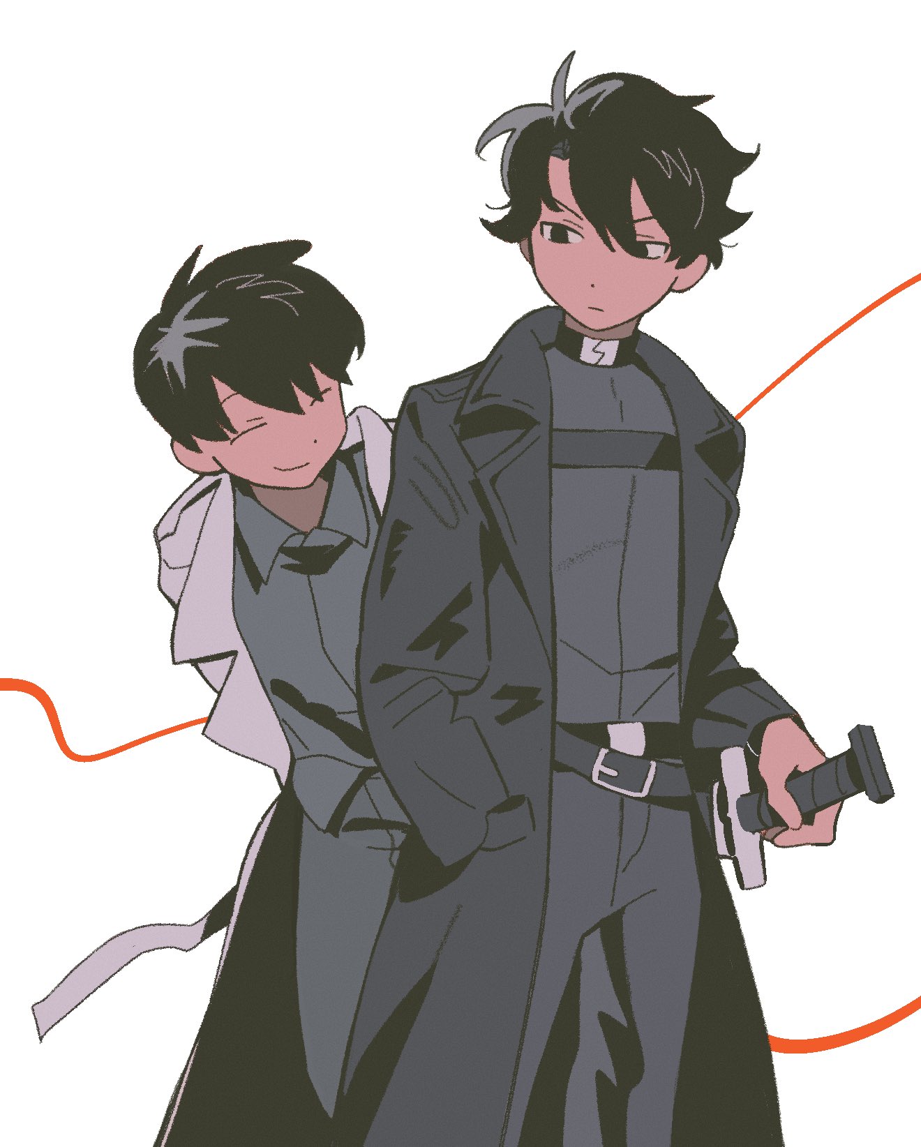 The Big ImageBoard (TBIB) - 2boys belt black coat black eyes black hair black pants black shirt ...