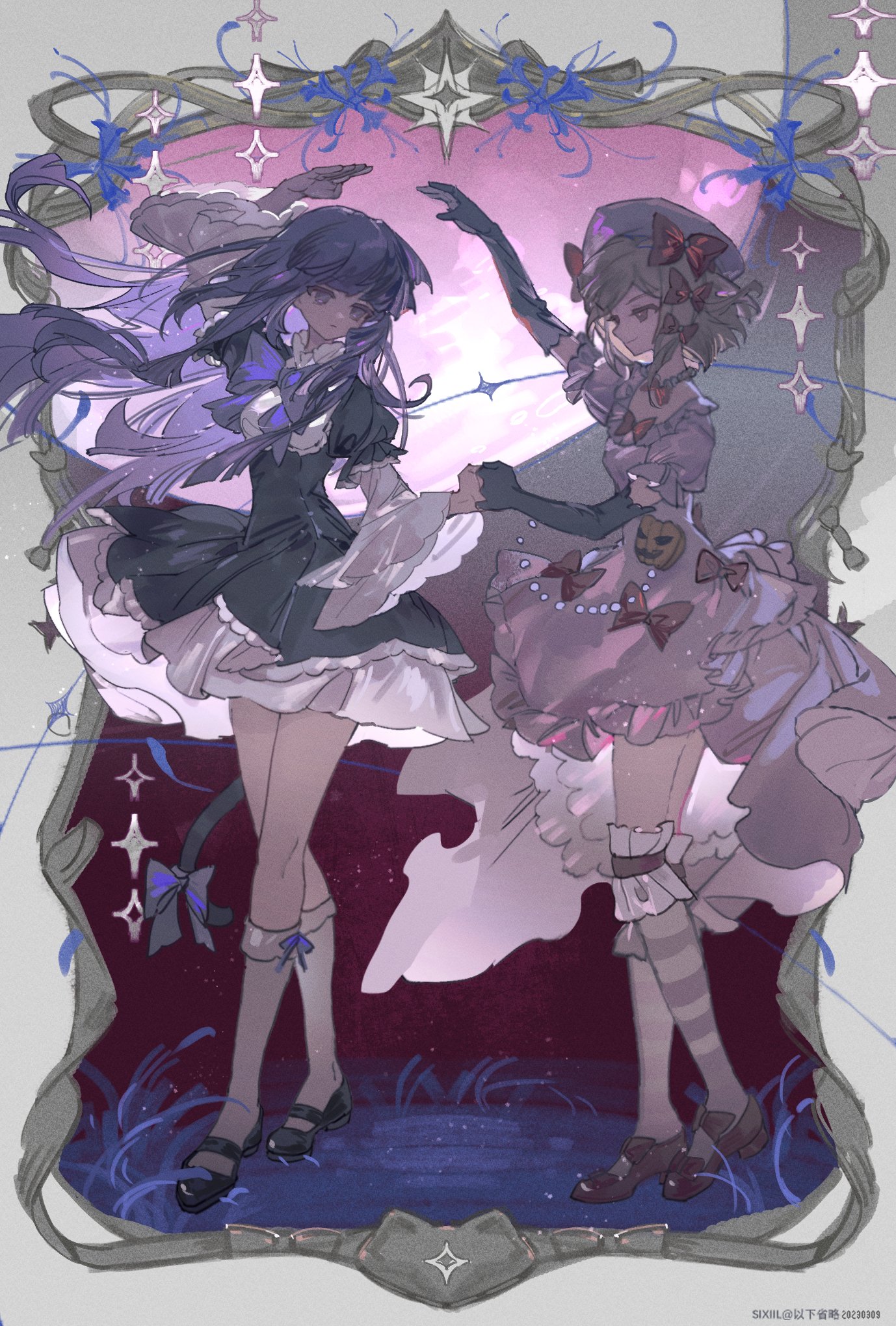 The Big ImageBoard (TBIB) - 2girls arm up artist name beret black dress black gloves blonde hair ...