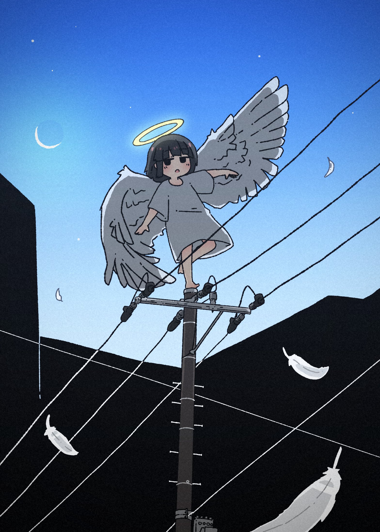 The Big ImageBoard (TBIB) - 1girl angel angel wings black eyes black hair blue sky crescent moon ...