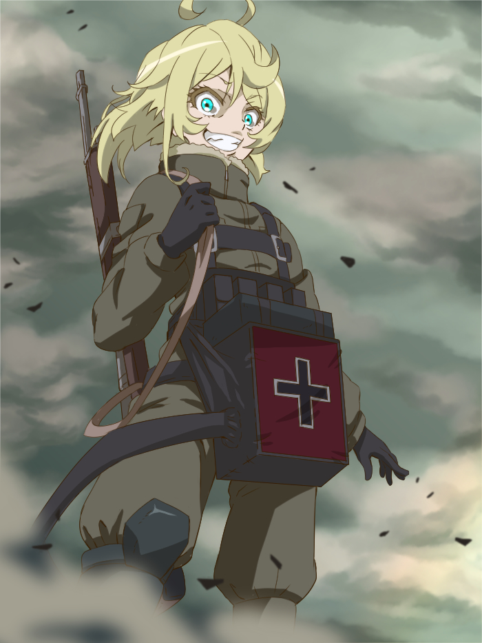 The Big Imageboard Tbib 1girl Ahoge Blonde Hair Blue Eyes Gun Solo